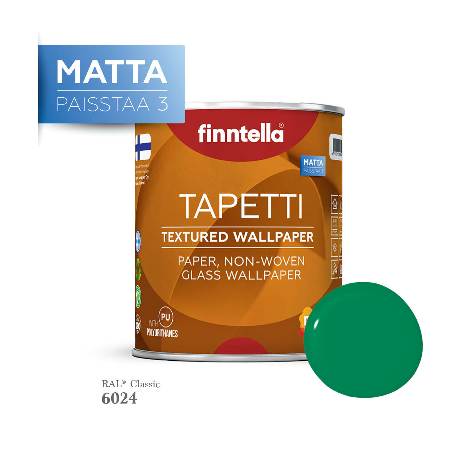 Матовая краска для обоев под окраску TAPETTI Matta FINNTELLA, Цвет RAL 6024 Транспортный зеленый (Traffic green), 0,9л