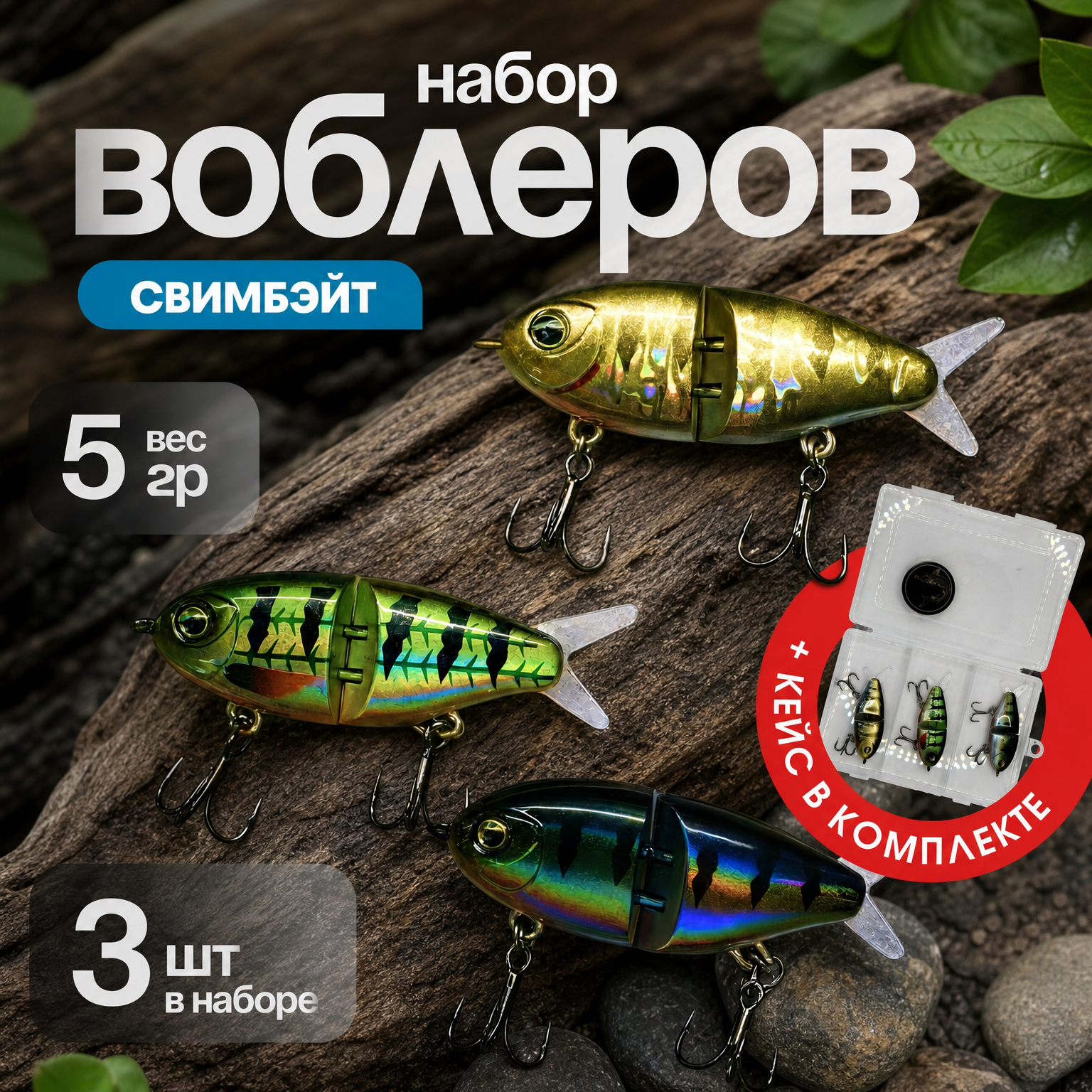 Набор для рыбалки / Свимбэйт / Воблеры на щуку 3 шт / Подарочный кейс в комплекте (Цвет товара: хамелеонный с черными полосами; Длина: 60 мм; Вес: 5 гр)