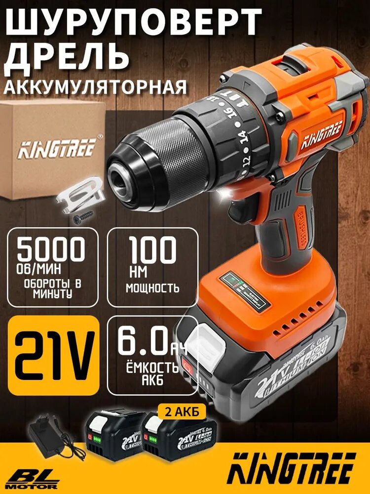 Kingtree Мощная электрическая дрель-шуруповерт 5000 об/мин, 100 Н. М 2 режима скорости(2 Батарея6,0Ач+зарядное устройство)