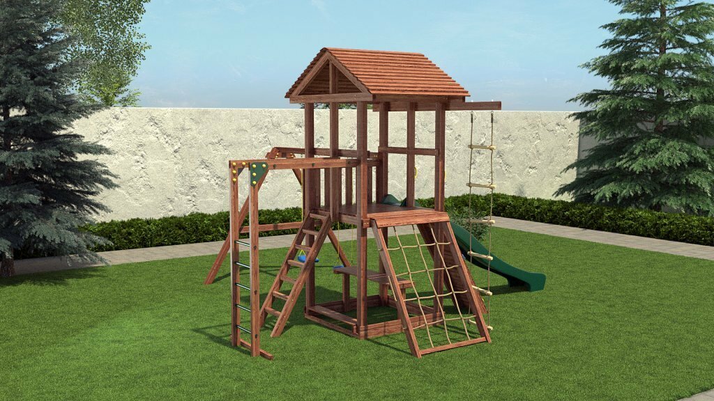 CustWood Family F6 Детская деревянная игровая площадка, игровой спортивный комплекс домик, качели, горка, рукоход, площадка для дачи и улицы