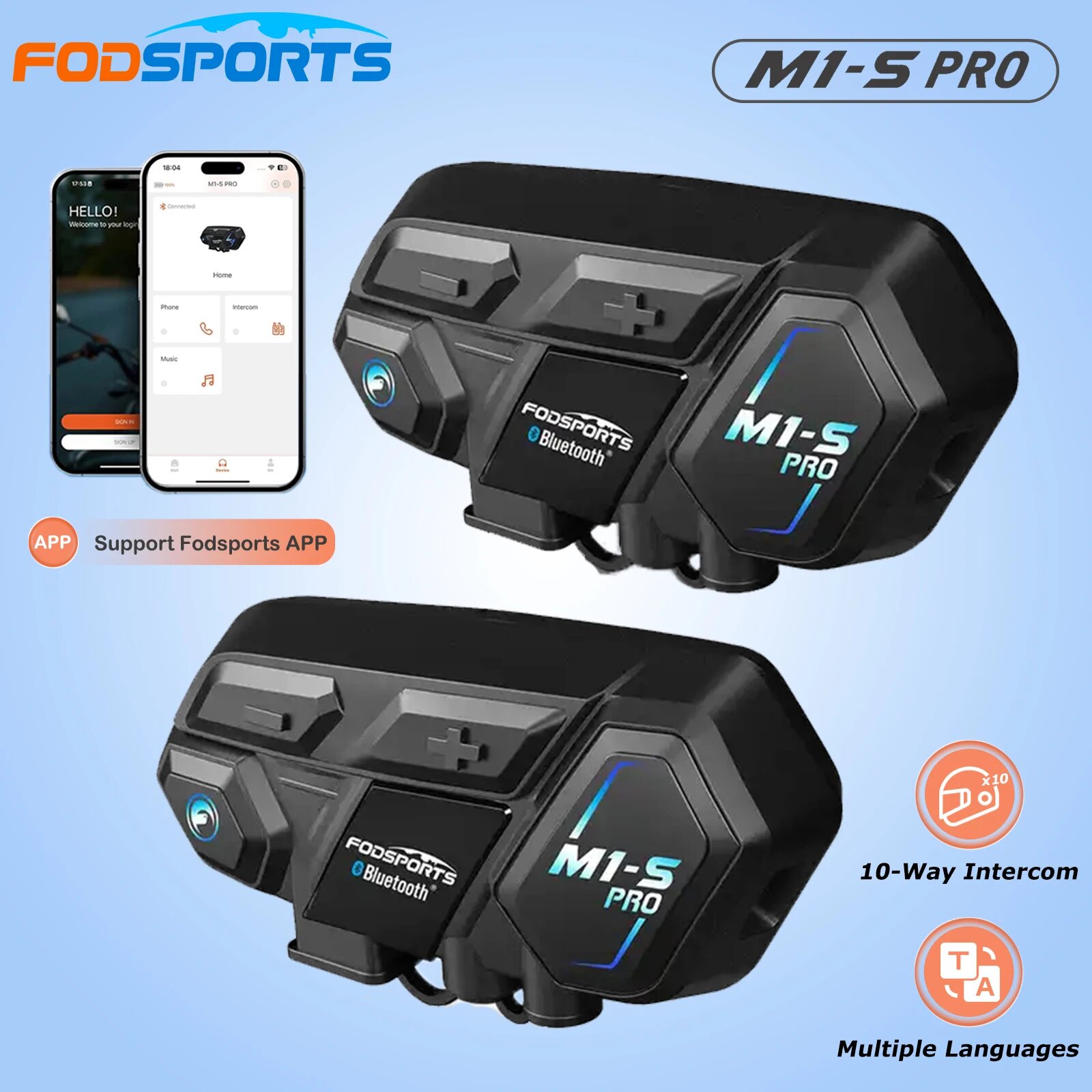 Мотогарнитура для шлема Bluetooth-гарнитура Fodsport M1-S Pro домофон для шлема, беспроводная мотогарнитура, мотошлем переговорное устройство для мотоциклистов, 2 шт. домофон, гарнитура для мотошлема, блютуз гарнитура