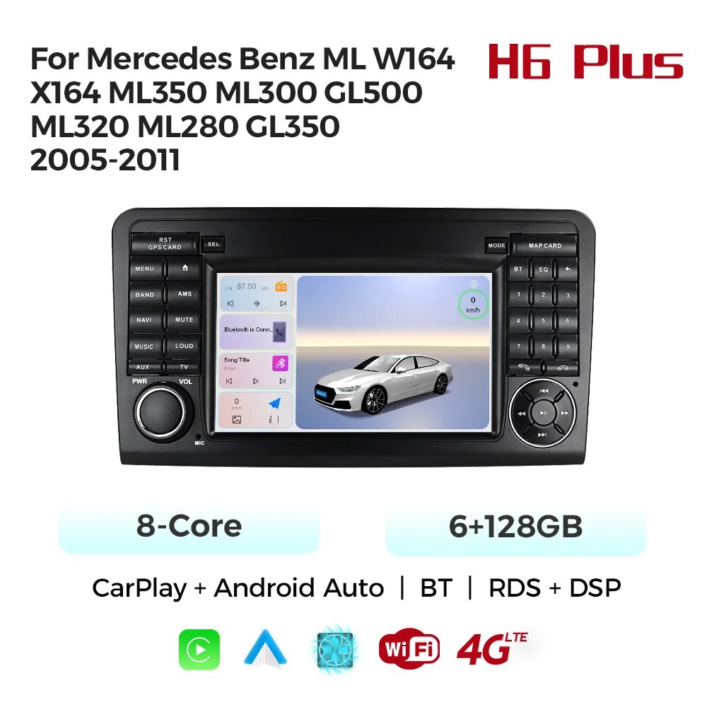 MEKEDE 7-дюймовый автомагнитола магнитофон с поддержкой CarPlay, Android и Bluetooth для Мерседес-Бенц ML W164, X164, ML350, ML300, GL500, ML320, ML280, GL350 (2005–2011 гг.)