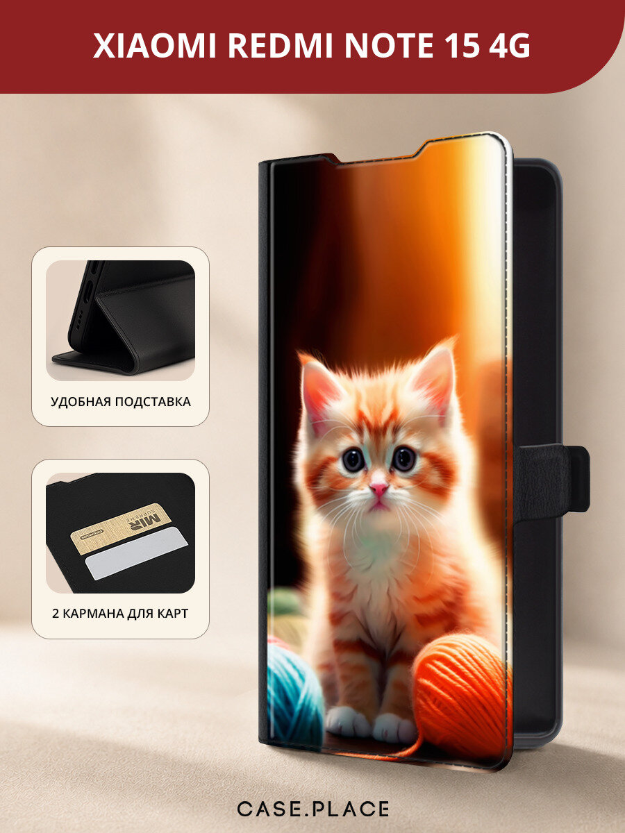 Чехол-книжка на Redmi Note 15 4G/Poco M8 5G / Редми Нот 15/Поко М8 5G с принтом Котенок, черный