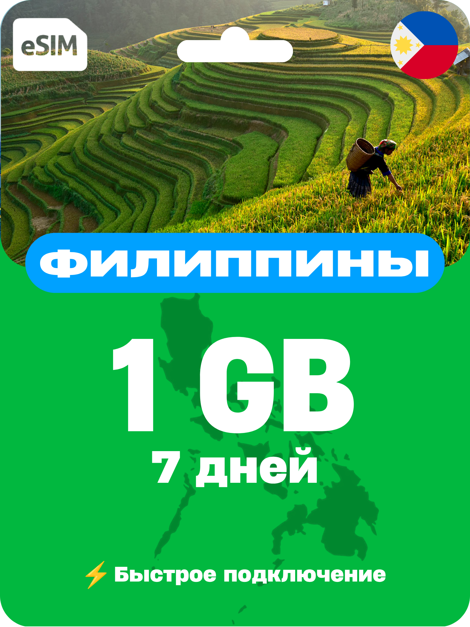 ESIM Филиппины 1 ГБ на 7 дней — интернет без роуминга, виртуальная SIM-карта для телефона и планшета, 5G/4G/3G
