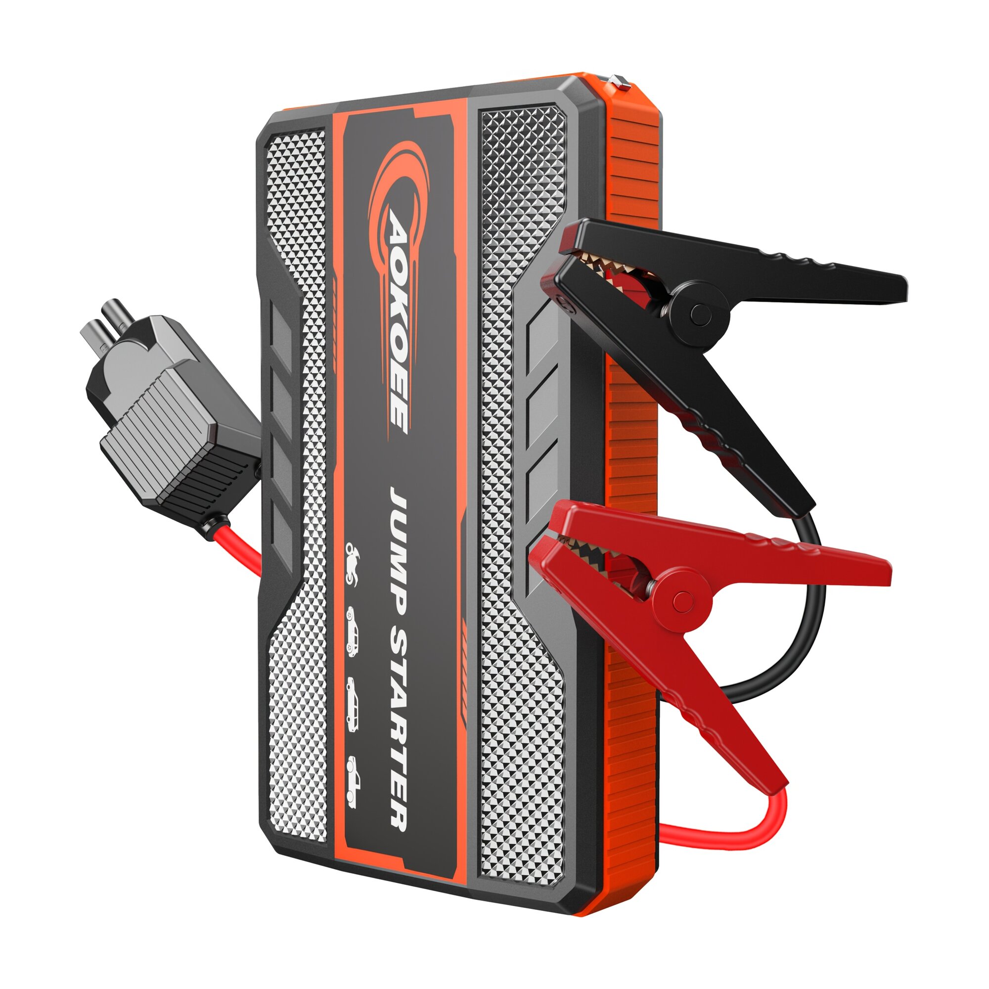 Портативное пуско-зарядное устройство 12В 1200А для бензиновых двигателей с проводами, зарядкой телефона и подсветкой, оранжевый, умные зажимы