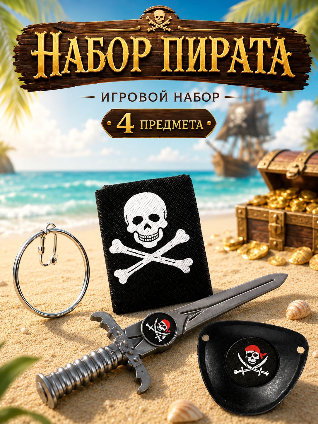 Детский игровой набор "Черная бандана", 4 предмета, для мальчика / набор пирата