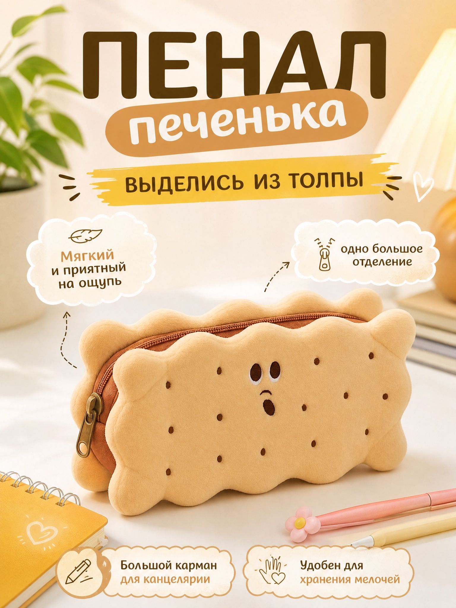 Школьный пенал Печенька / крекер, Пенал в форме печенья, плюшевая креативная коробка для канцелярских принадлежностей
