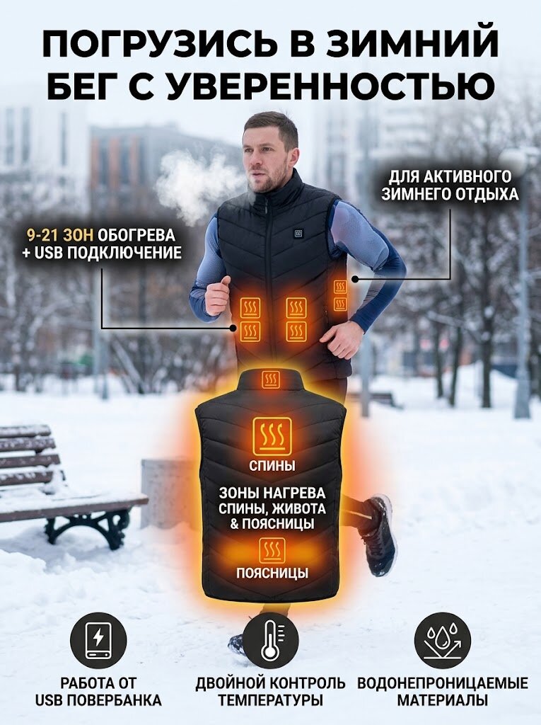 Умный жилет с подогревом 13-21зон нагрева, 2-4режима температуры, терможилет для охоты и рыбалки