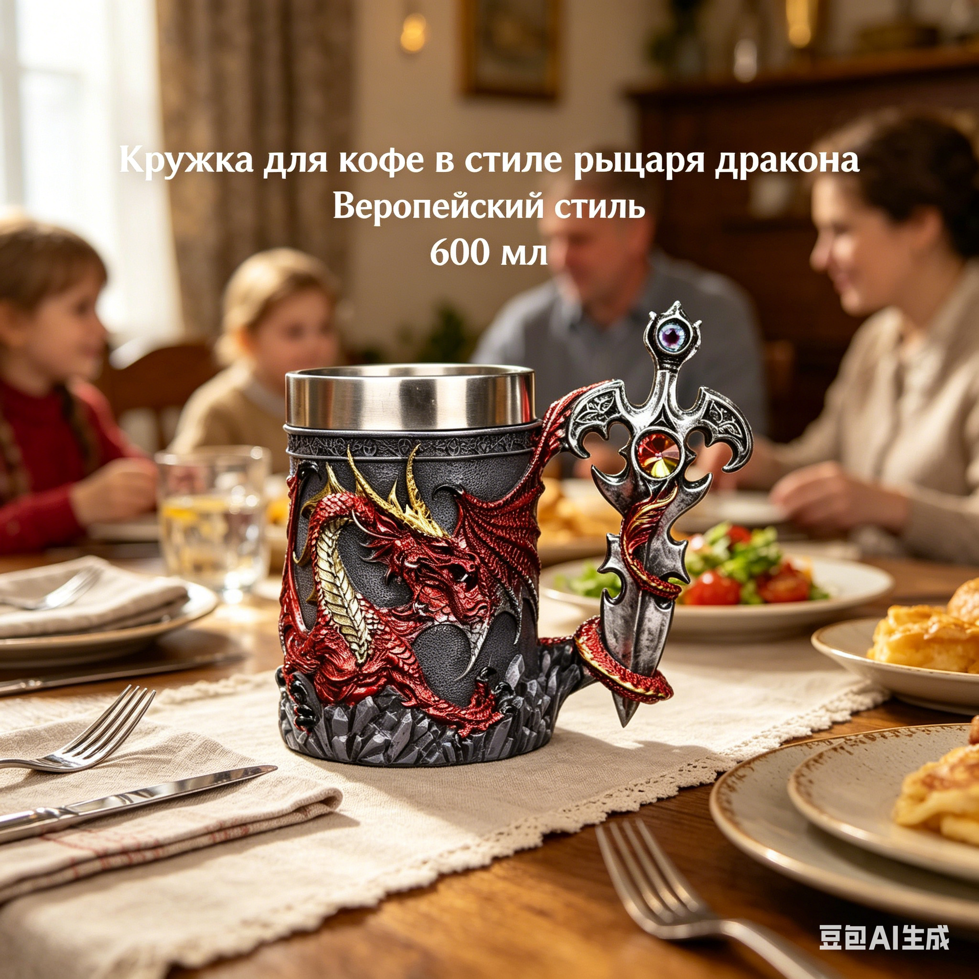 Кофейная чашка European Dragon Knight Mark, материал - нержавеющая сталь, 600 мл, красная