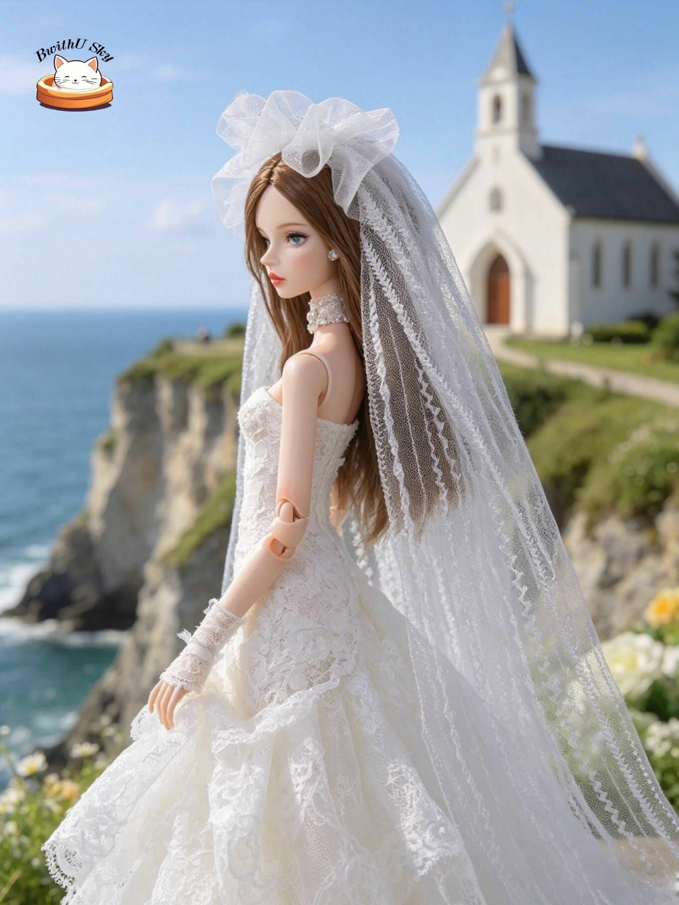 BwithUSky Eleni 1/4 BJD Кукла: Белое свадебное платье-русалка с длинной вуалью, элегантный образ невесты