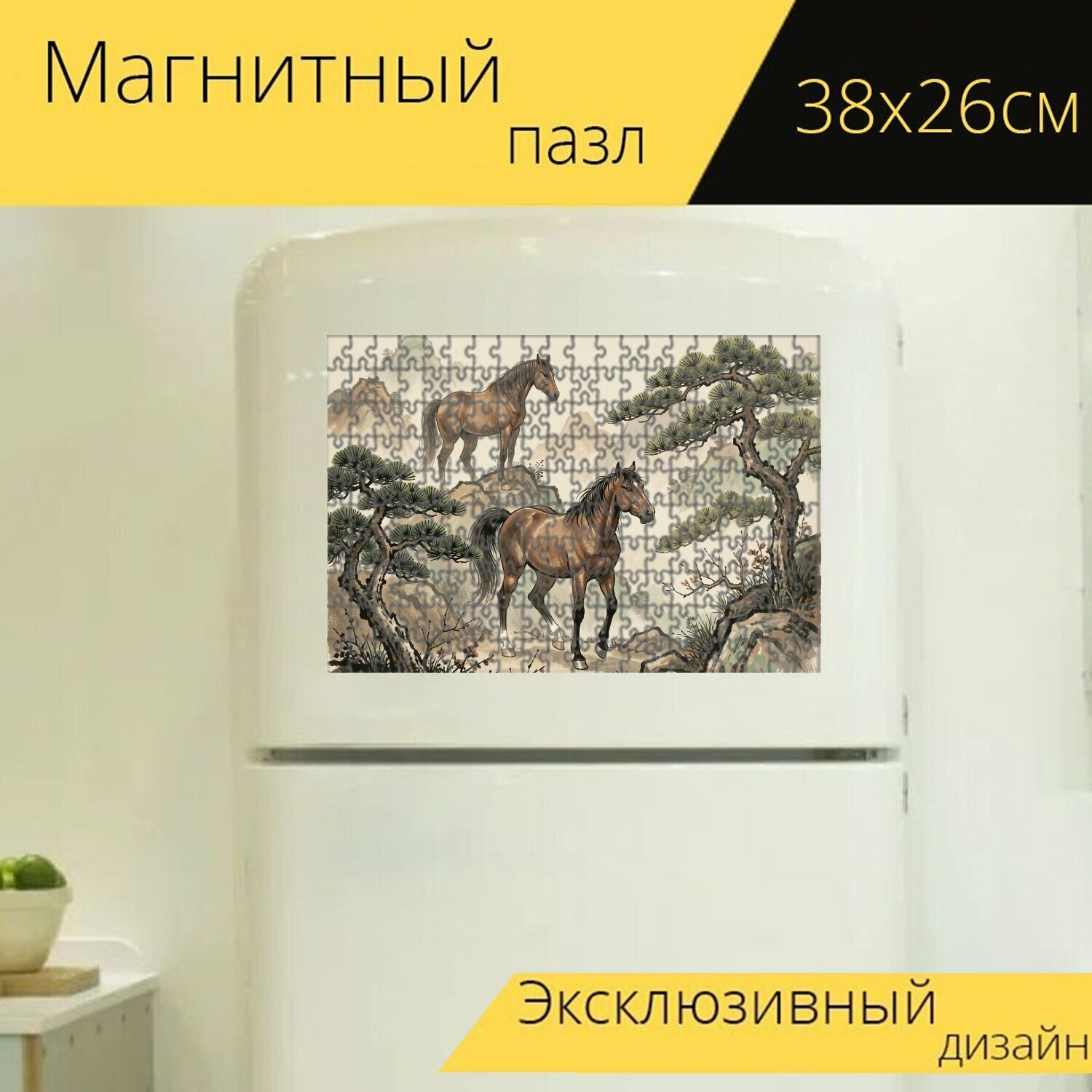 Магнитный пазл "Лошади в горном пейзаже. Две грациозные кобылы на фоне туманных скал, сосен и традиционных китайских гор. Акварельная роспись в спокойных." для интерьера, 38х26 см.