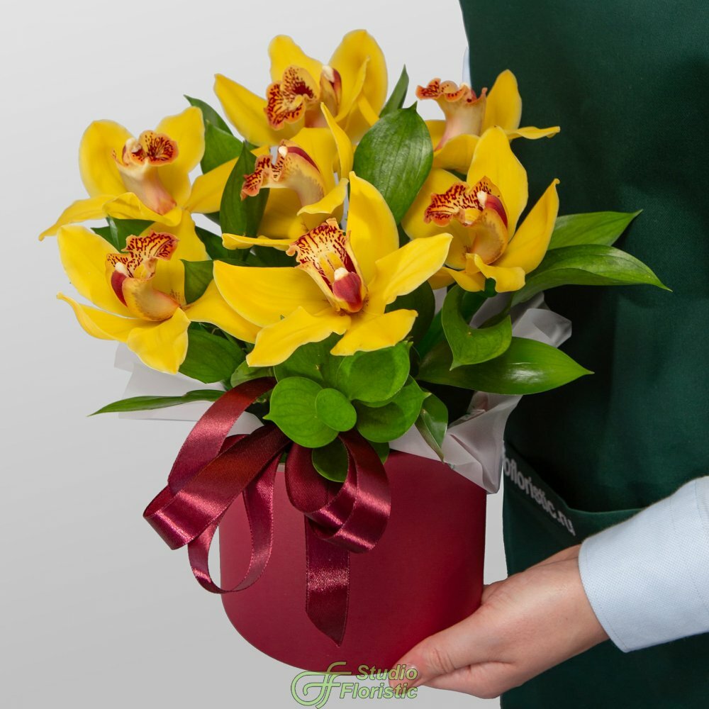 Композиция STUDIO FLORISTIC «Тепло тропиков», орхидеи, коробка, 7 шт