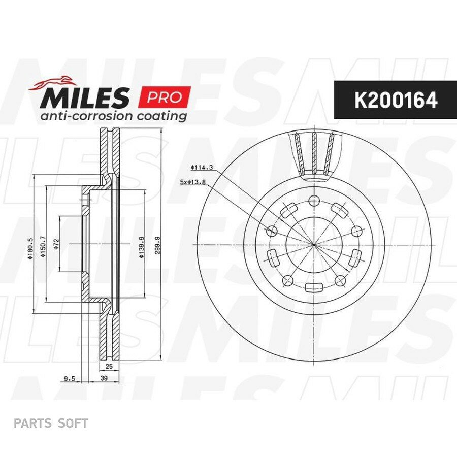 MILES K200164 Диск тормозной MAZDA 3 2.0 03-/MAZDA 5 R16/17/18 05- передний вент. ()