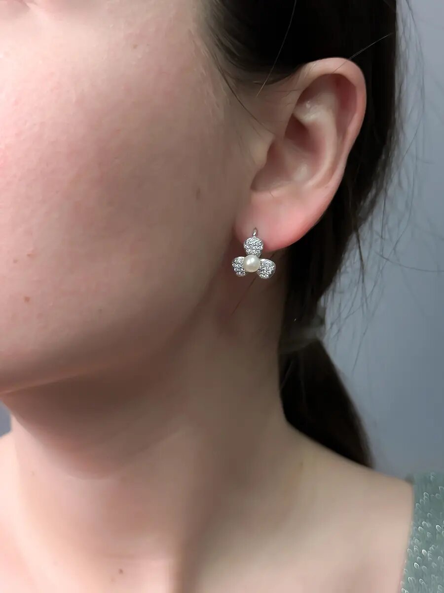 Серьги, серебро, 925 проба, родирование, жемчуг культивированный, фианит
