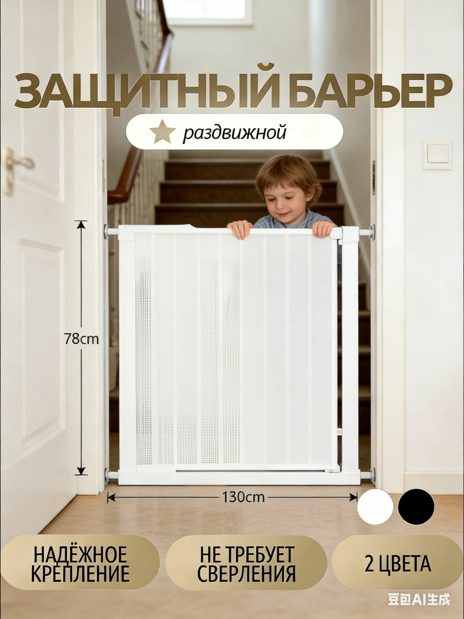 Раздвижные ворота безопасности для детей и животных (78х130 см)/ Защитный детский барьер / Раздвижное ограждение на лестницу/ Сетка - Барьер для лестничных и дверных проемов от собак и кошек
