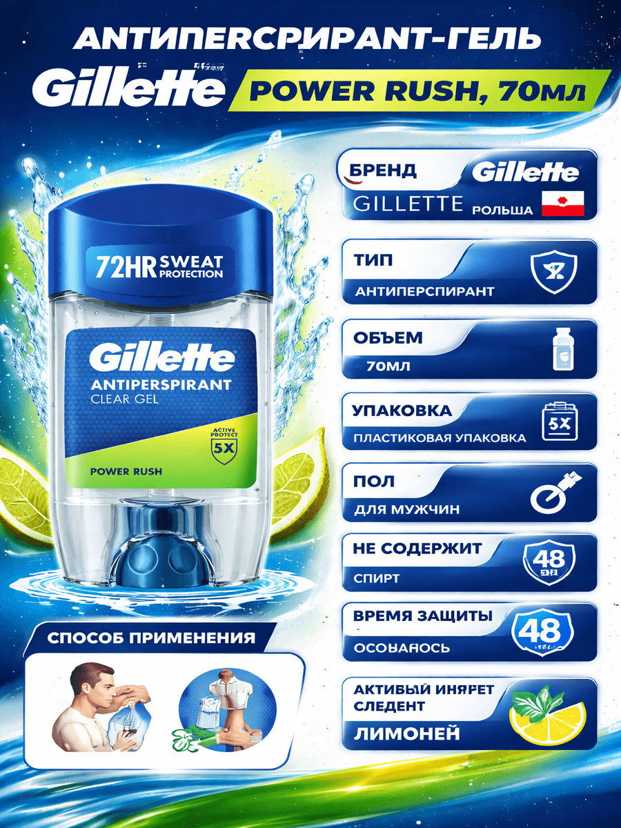 Антиперспирант-гель Gillette Power Rush, 70мл