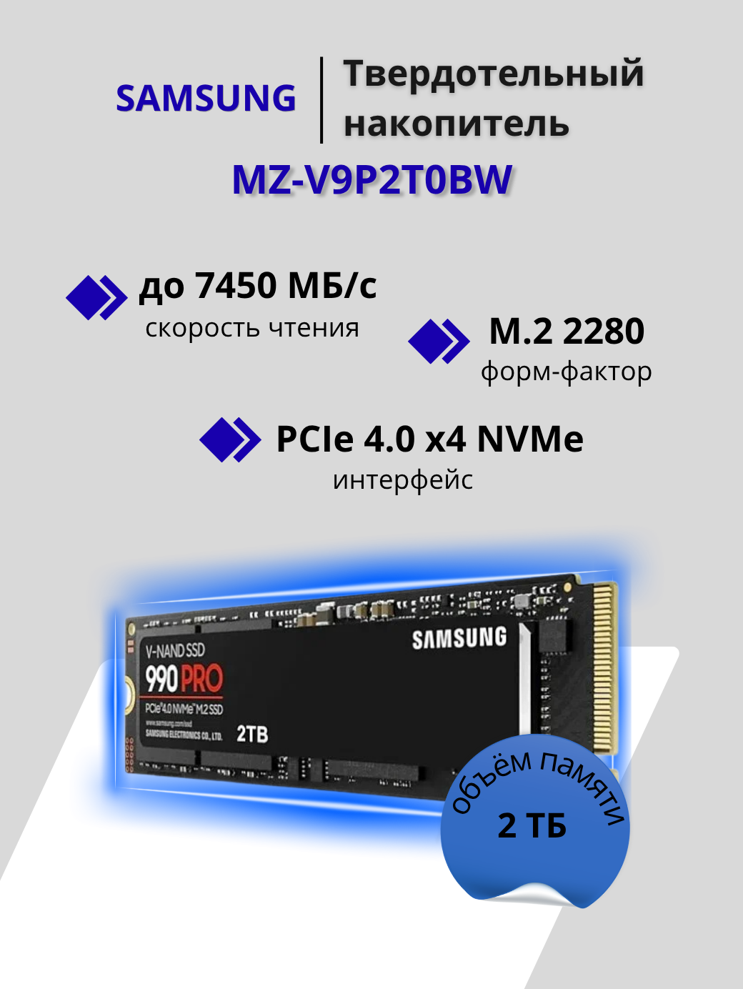 Твердотельный накопитель SSD Samsung 990 PRO, 2 TB, M.2, PCIe 4.0 x4 (без радиатора) (MZ-V9P2T0BW)