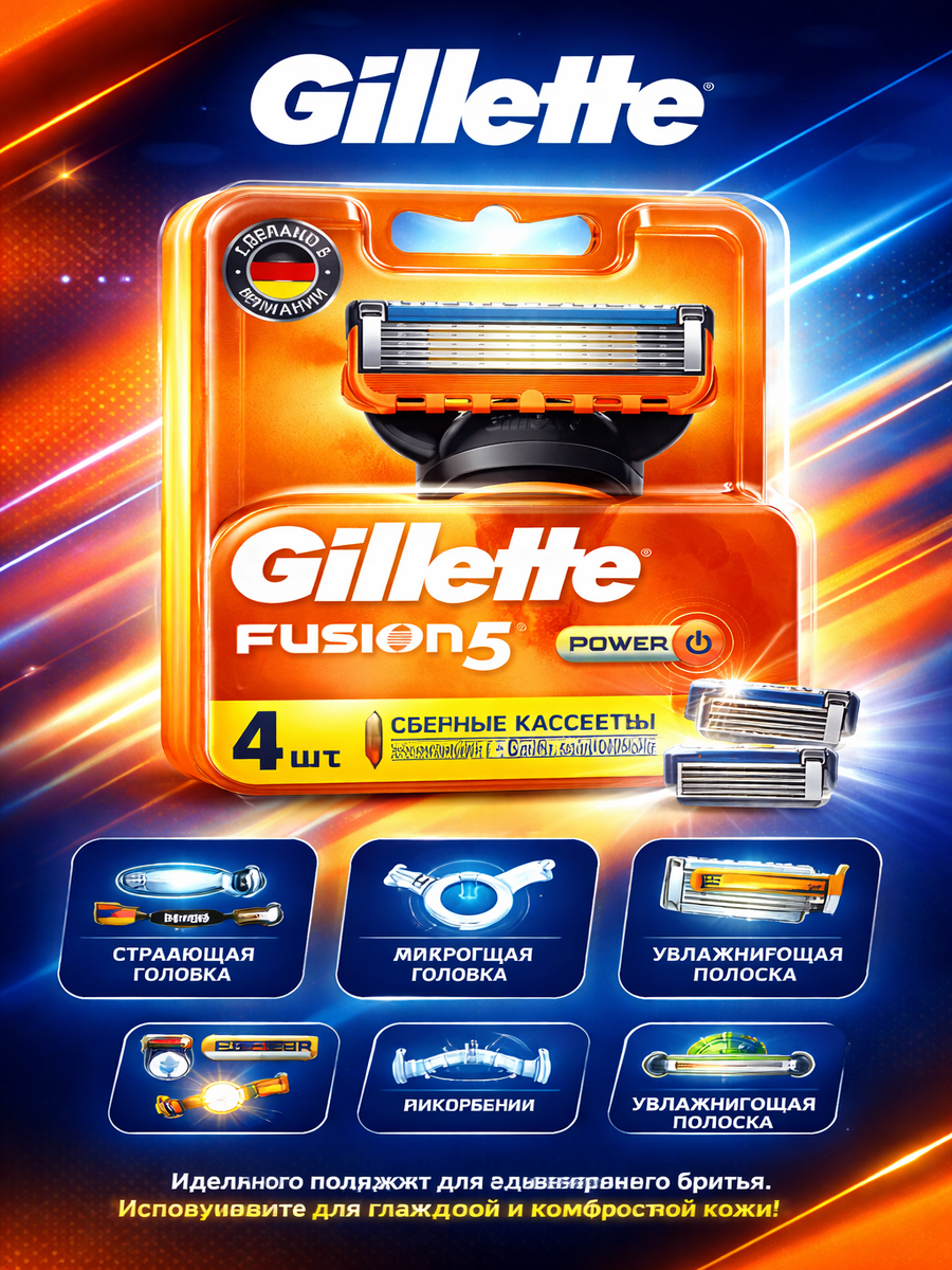 Кассета для бритвенного станка Gillette Fusion Power, 4шт