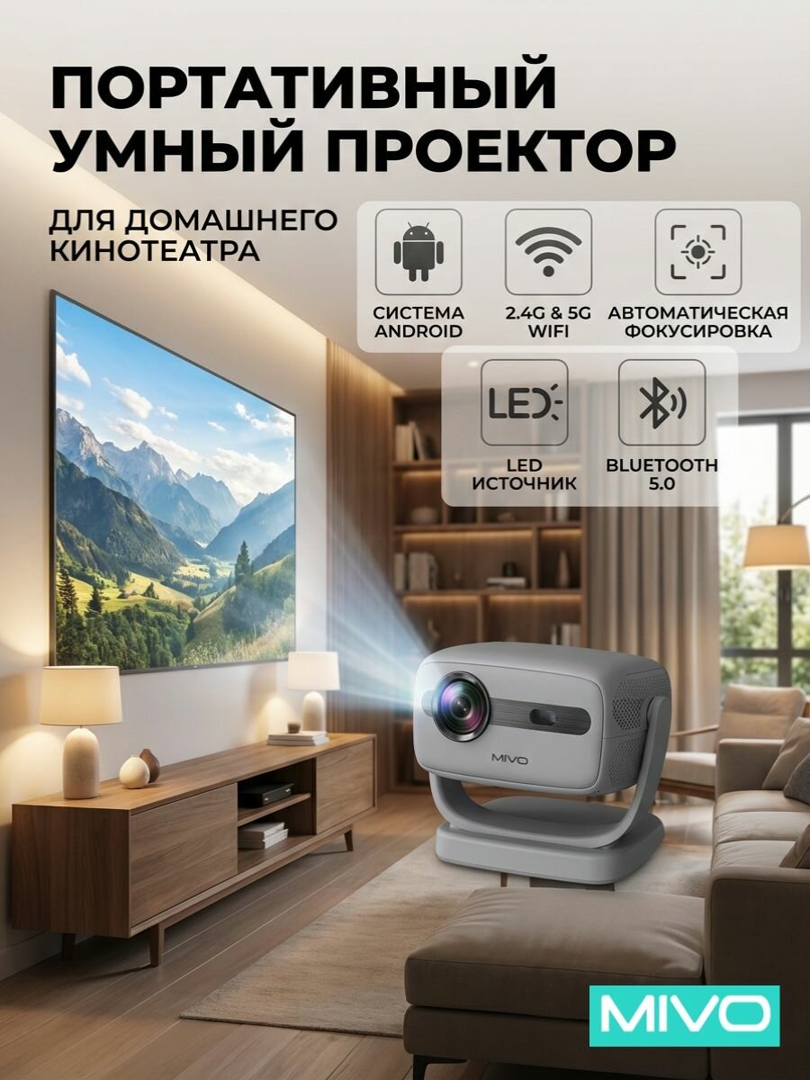 Мультимедийный проектор MIVO MV-722 проектор c Wi-Fi, Android, Bluetooth двух диапазонный 2,4G/5G