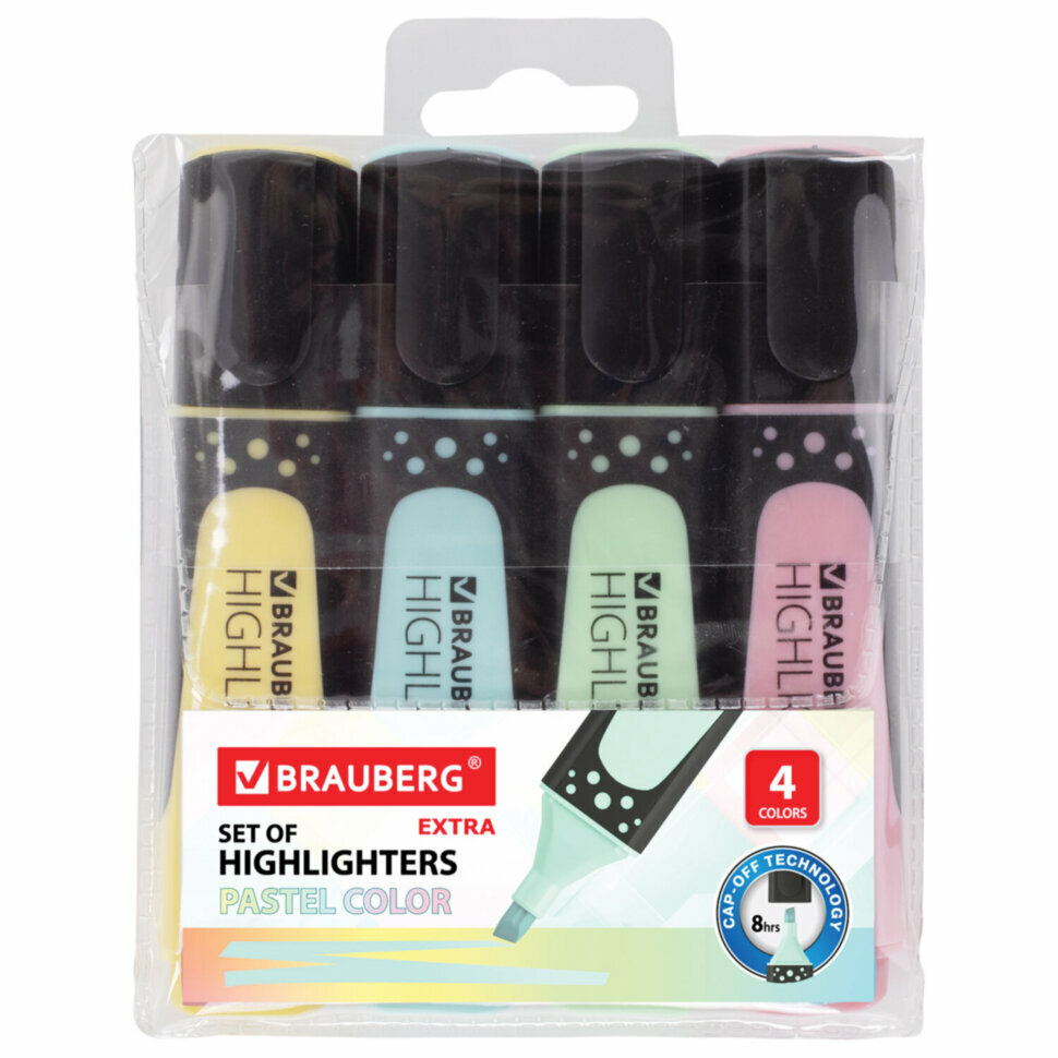 Набор текстовыделителей BRAUBERG 4 шт, Ассорти, "EXTRA PASTEL", прорезиненный корпус, линия 1-5 мм, 151756, 151756