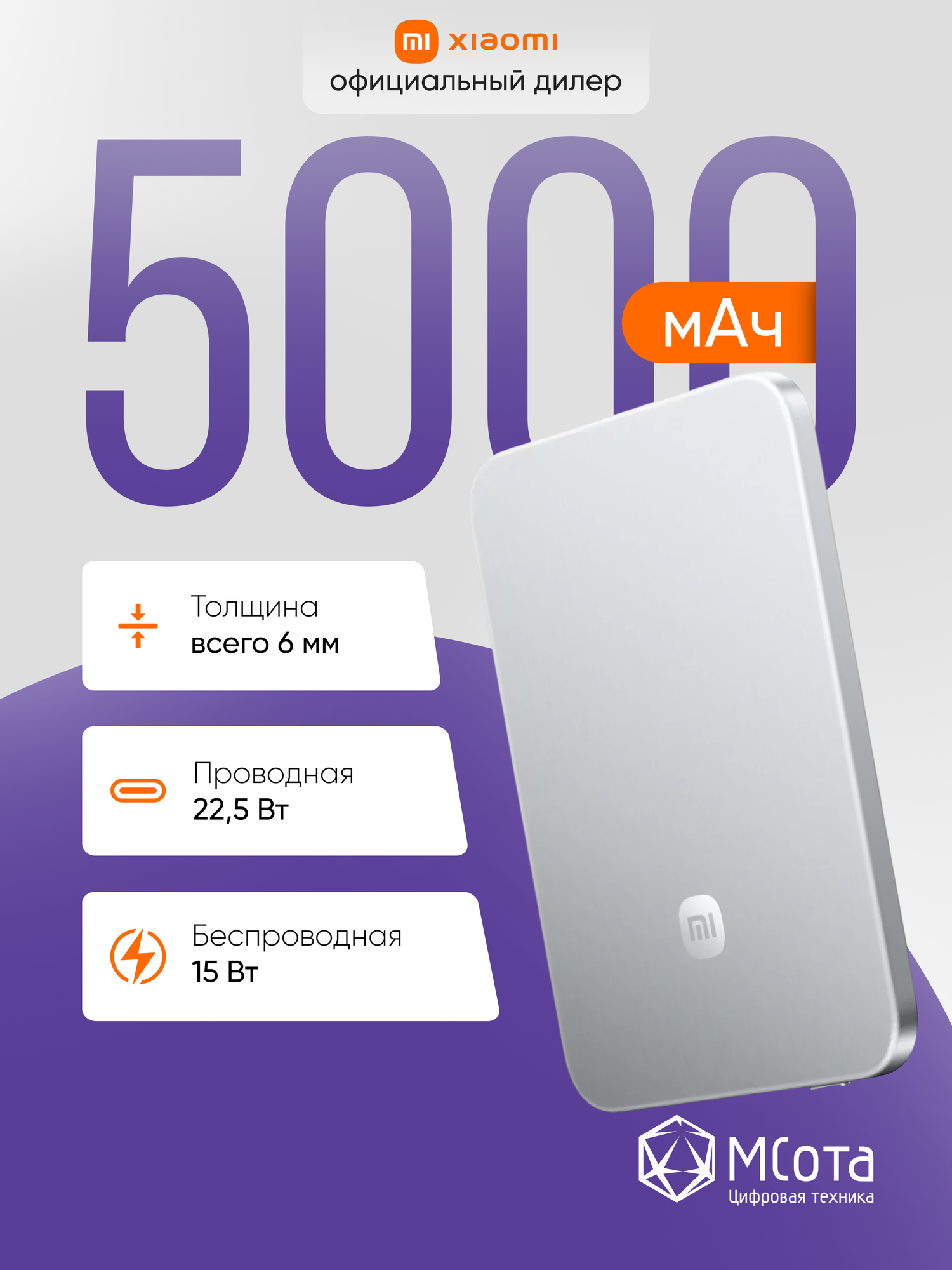 Внешний аккумулятор магнитный Xiaomi UltraThin Magnetic Power Bank 5000 15W GL Glacier Silver, серый, ультратонкий