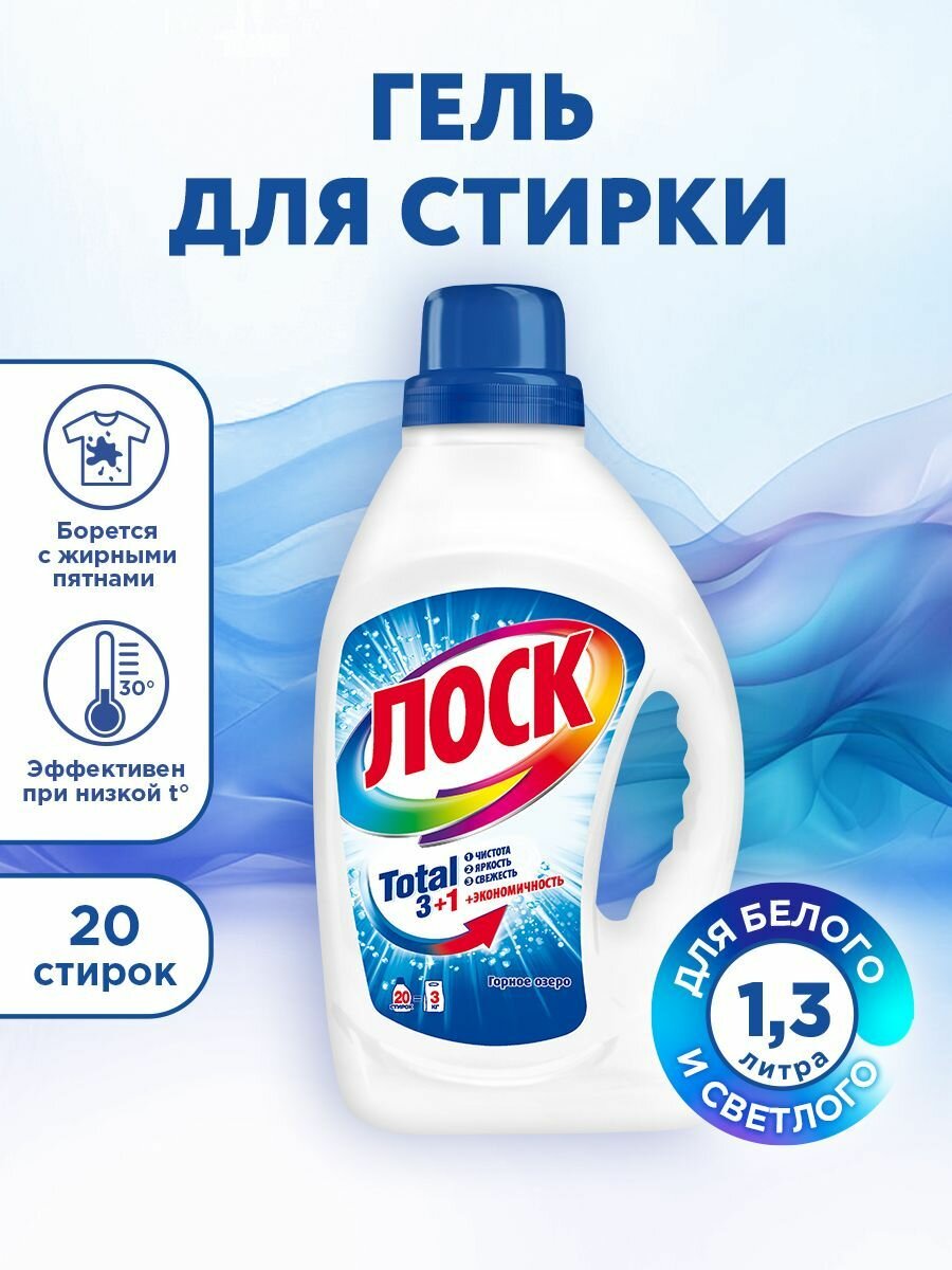 Гель для стирки Лоск Горное Озеро для белого белья, 1,3л, 20 стирок. Жидкий порошок для стирки, 1300 гель для стирки жидкий порошок для белого белья средство для стирки