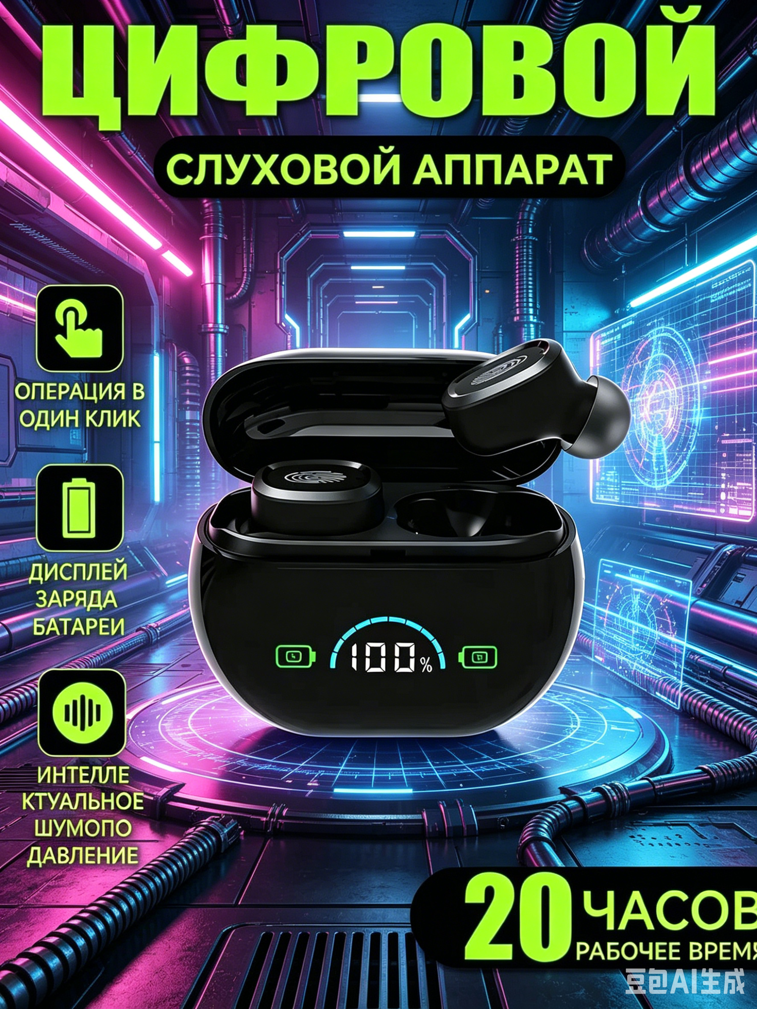 Наушники беспроводныеЦифровой слуховой аппарат, внутриушной, перезаряжаемый, с дисплеем заряда