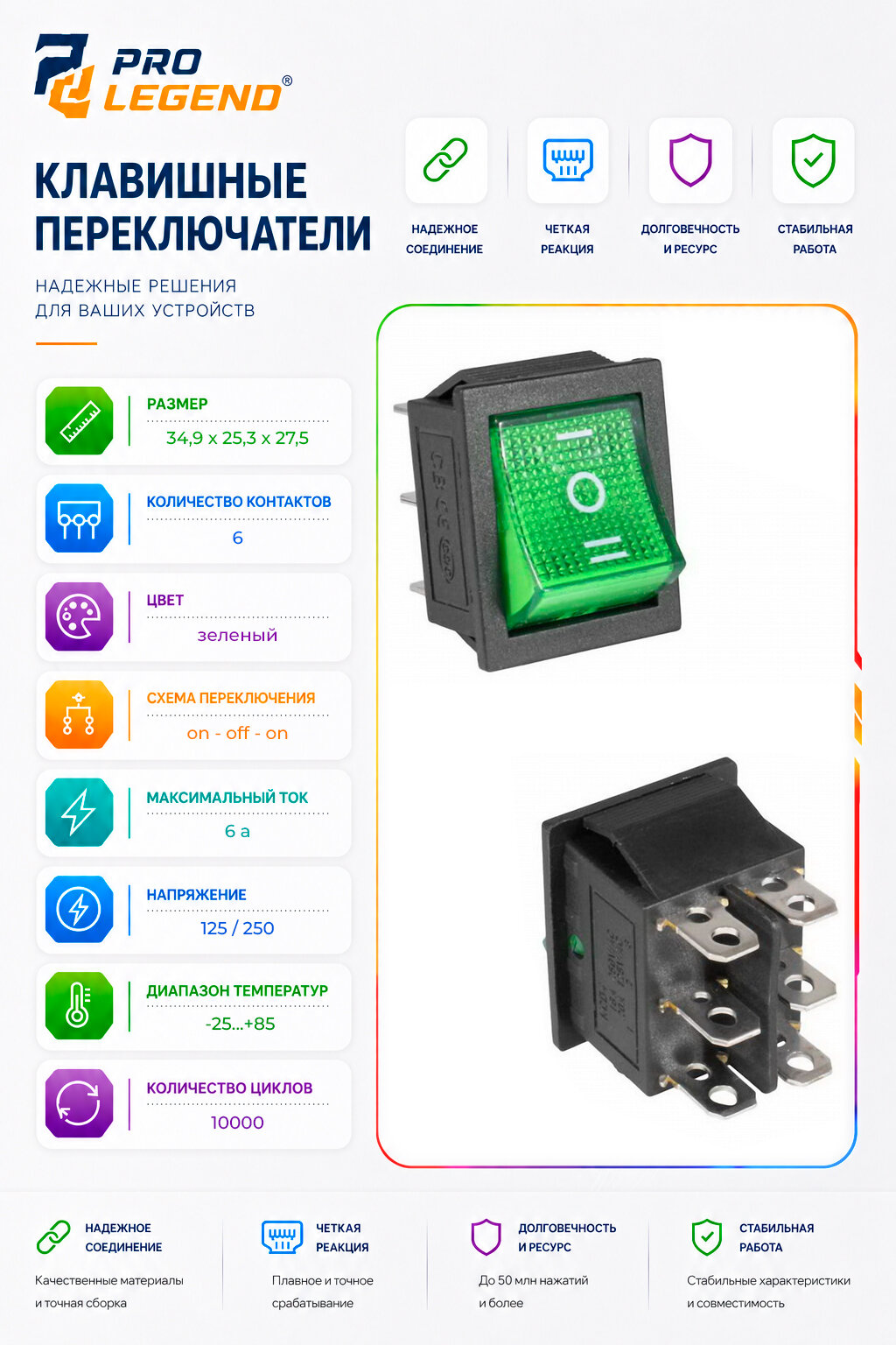 Клавишный переключатель ON-OFF-ON, 6 контактов, черный, зеленая кнопка, подсветка