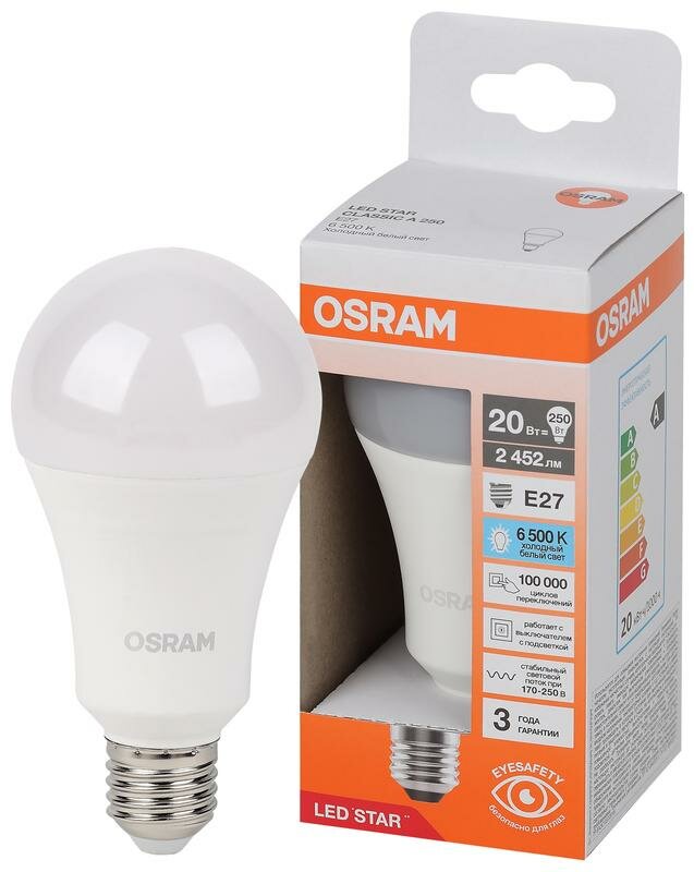 Лампа светодиодная LSCLA250 20W/865 230VFR LED Star 20Вт 6500К холод. бел. E27 2452лм A угол пучка 180град. 170-250В (замена 250Вт) матов. пластик OSRAM 4058075695535