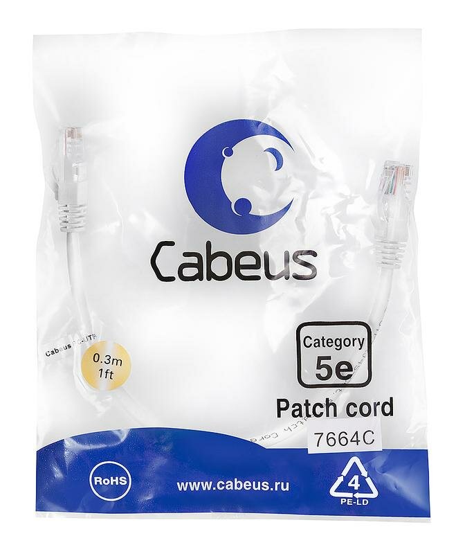 Патч-корд U/UTP кат.5E PC-UTP-RJ45-Cat.5e-0.3m-WH 2xRJ45/8p8c неэкранир. PVC 0.3м бел. Cabeus 7664c