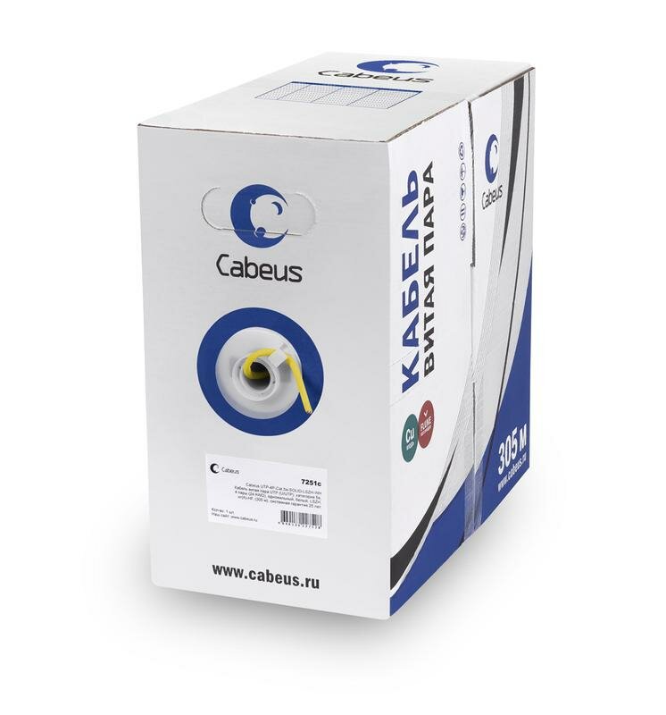 Кабель витая пара U/UTP кат.5E 4х2х24AWG solid PVC нг(А)-LS UTP-4P-Cat.5e-SOLID-YL желт. (уп.305м) Cabeus 7251c