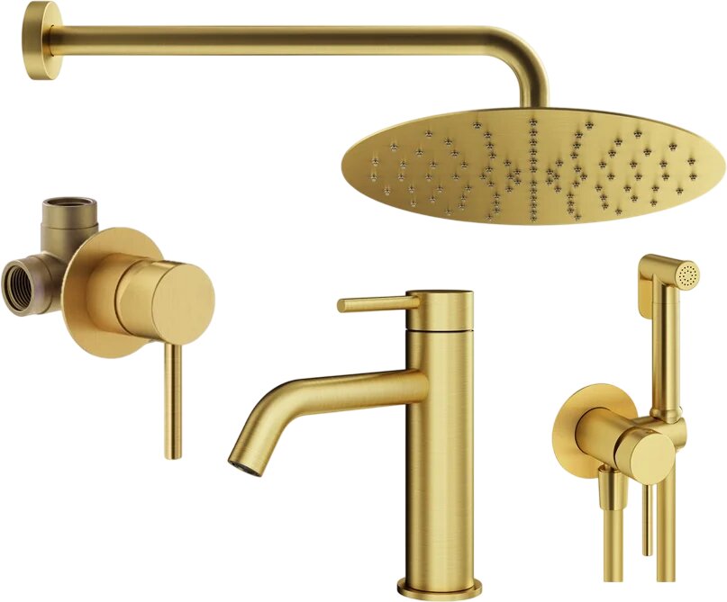 Комплект для ванной Plumberia Selection Ixo KITZXO01OB53 4 в 1, встраиваемый, с внутренней частью в комплекте, со смесителем, с тропическим душем, латунный, золотой, душевая система