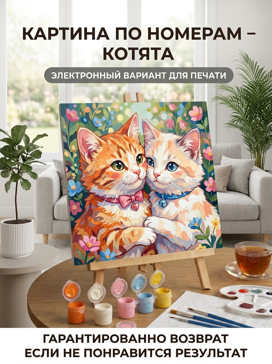 Картина по номерам "Котята с колокольчиками", на холсте, PDF-инструкция