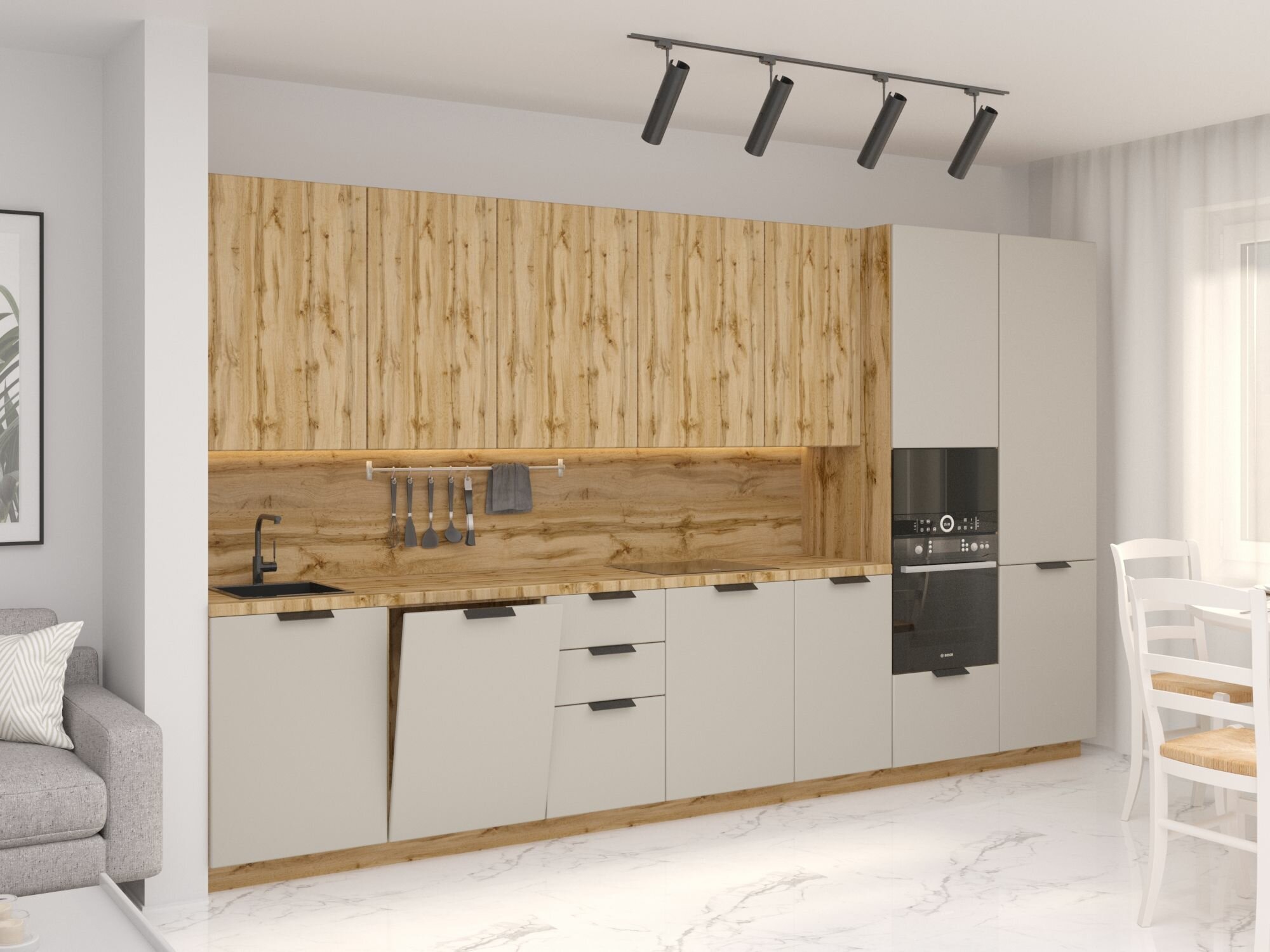 Кухонный гарнитур Фьюжн Silky Grey/Флэт Wotan Oak 2S, 4000 мм