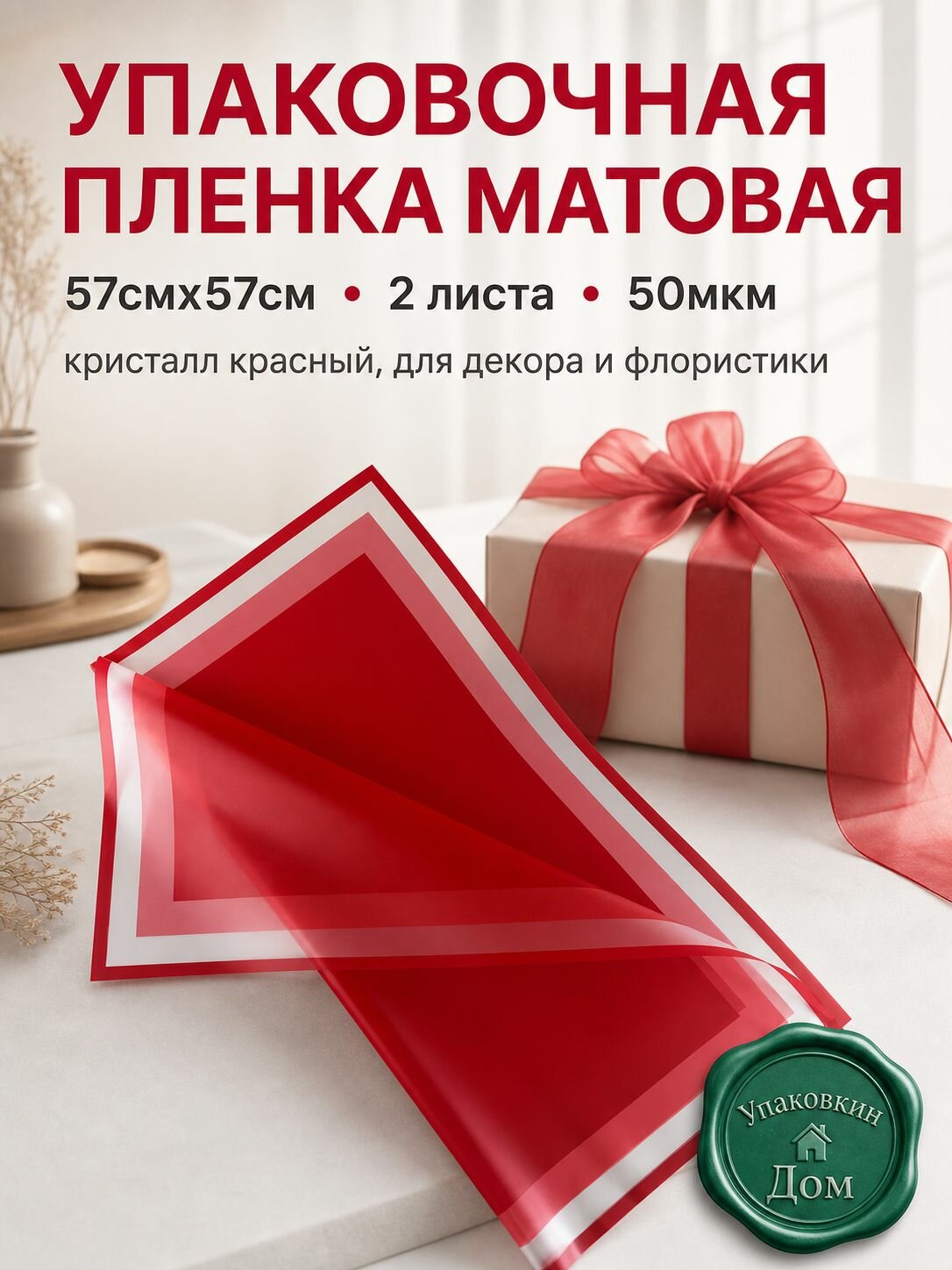 Упаковочная пленка матовая 57смх57см 2 листа 50мкм, кристалл красный, для декора и флористики