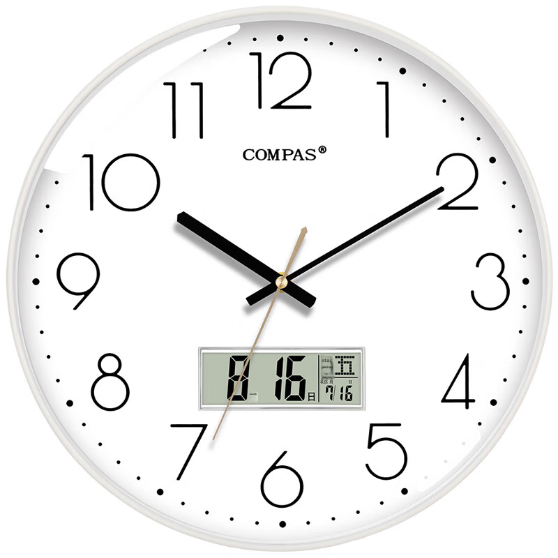 Compas Wall Clock, Living Room Clock, Quartz Clock, Wall-Mounted Clock with Calendar, C3219AY, Pure White, 35cm