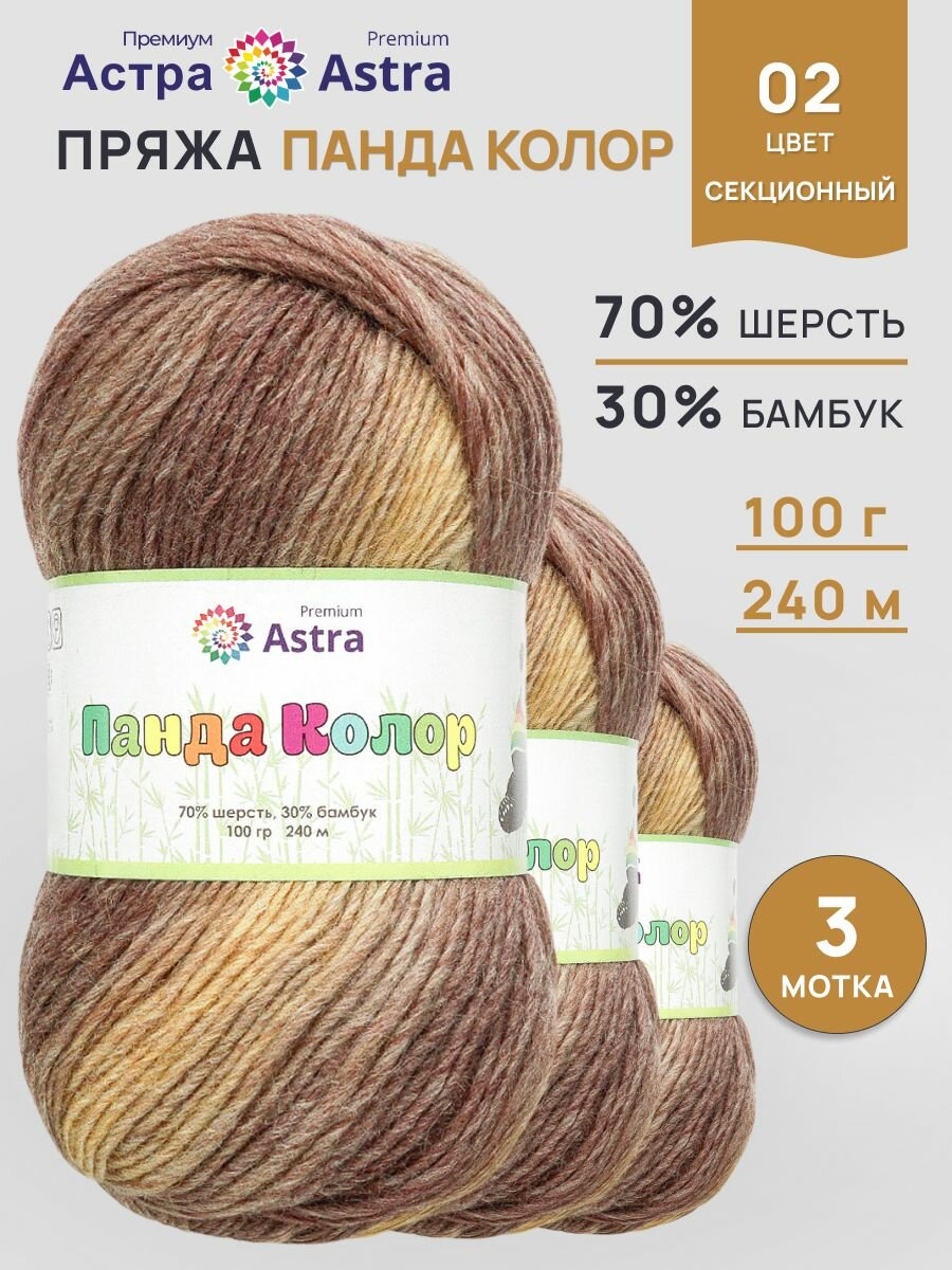 Пряжа для вязания Astra Premium 'Панда Колор' 100г, 240м (70% шерсть, 30% бамбук) (02 секционный), 3 мотка