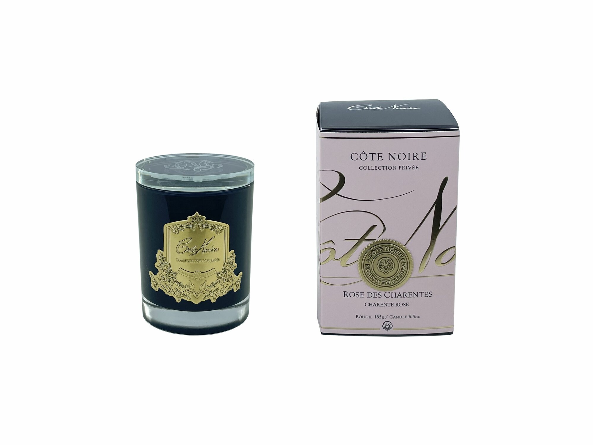 Свеча COTE NOIRE CHARENTE ROSE 185 гр, черный стаканчик, золотой декор, ВхШхД 13,5х8х8 см соевый воск, время горения 60ч