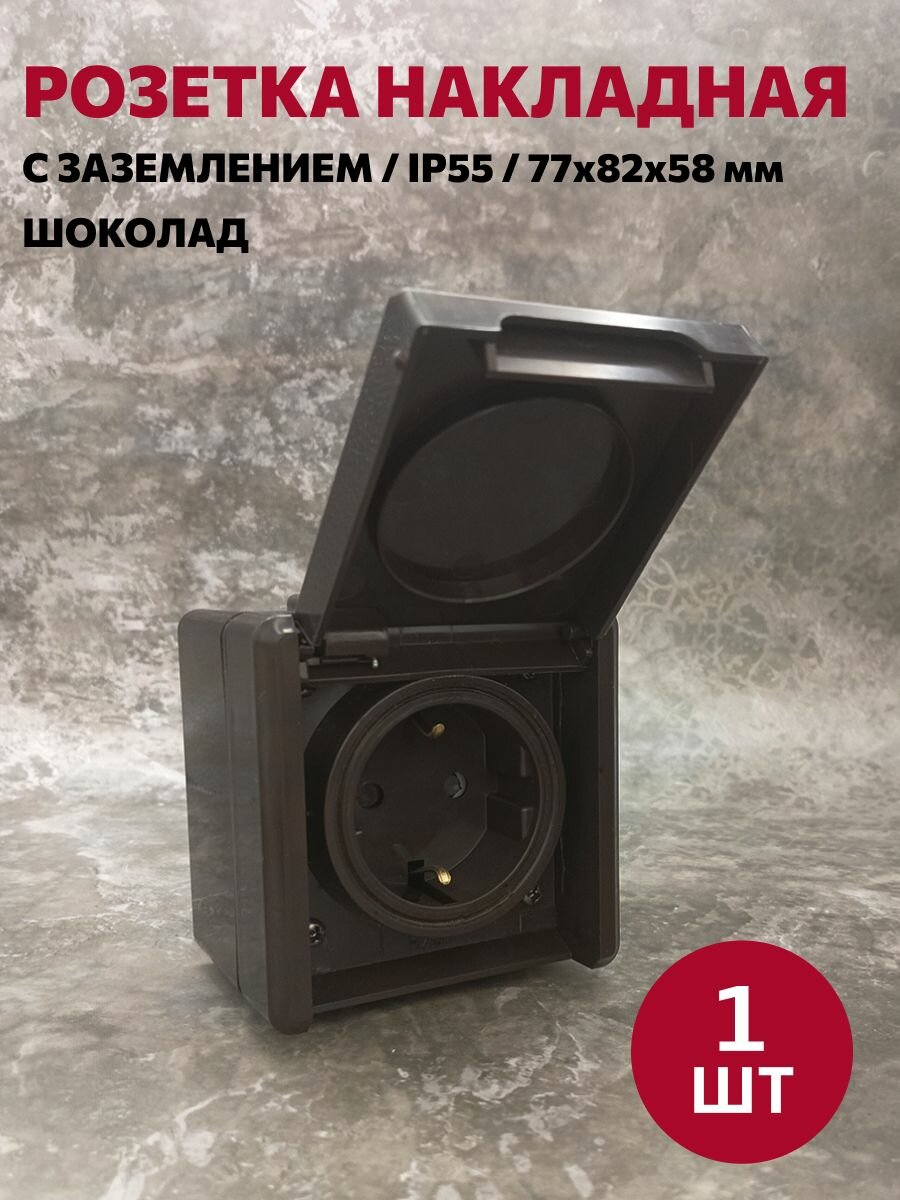 Розетка накладная IP55; Шоколад; с заземлением и шторками