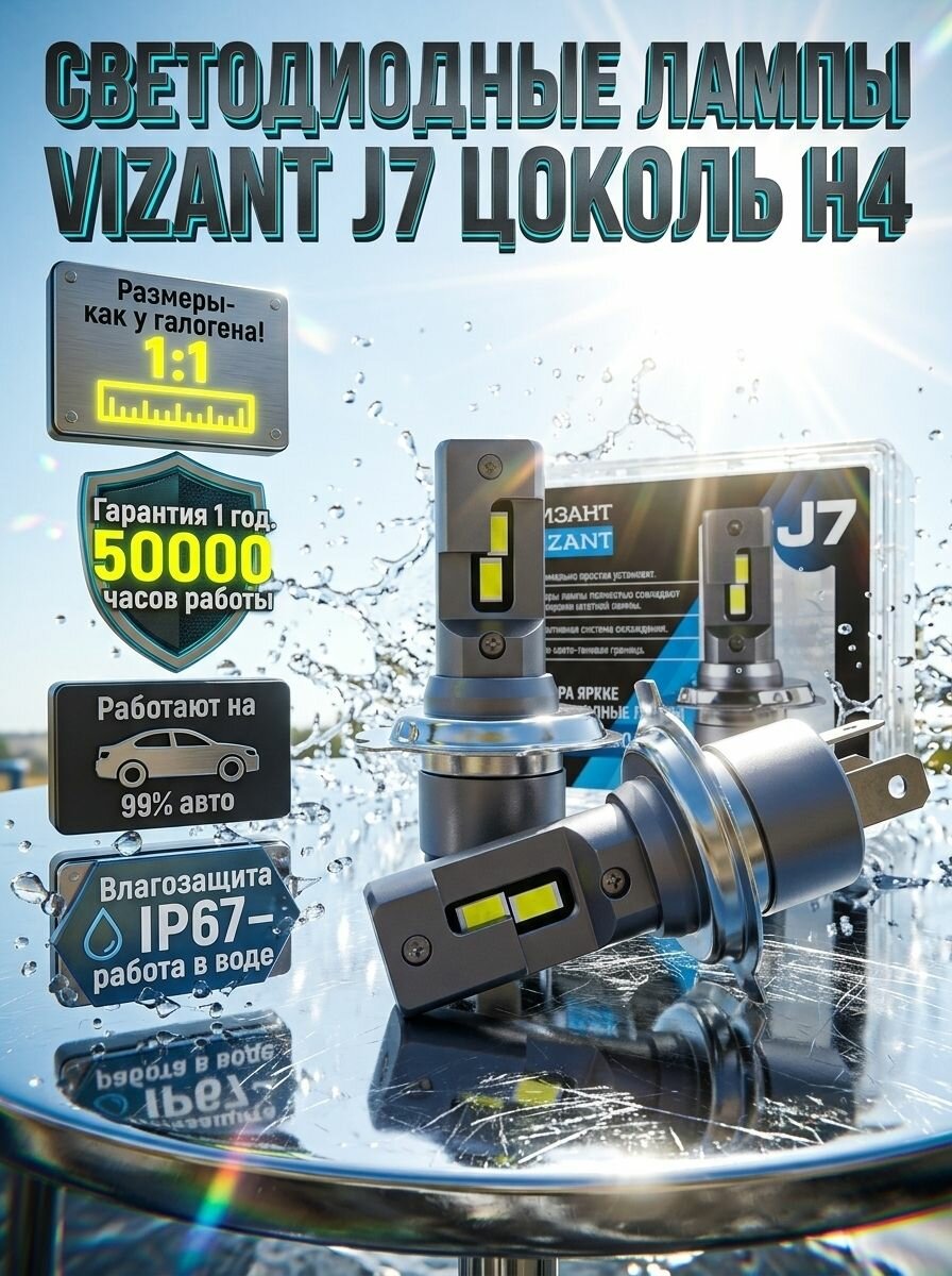 Светодиодные лампы Vizant J7 цоколь H4 с чипом CSP 3570 4500lm 5000K
