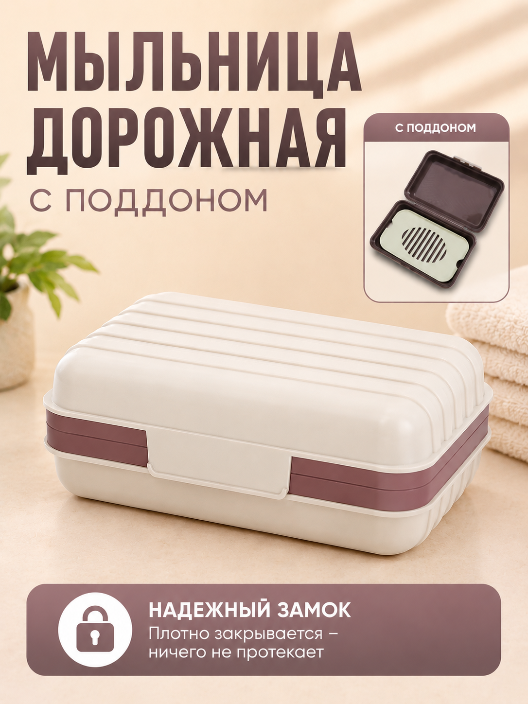 Мыльница LEROOM, дорожная, для путешествий, бежевая, с замком