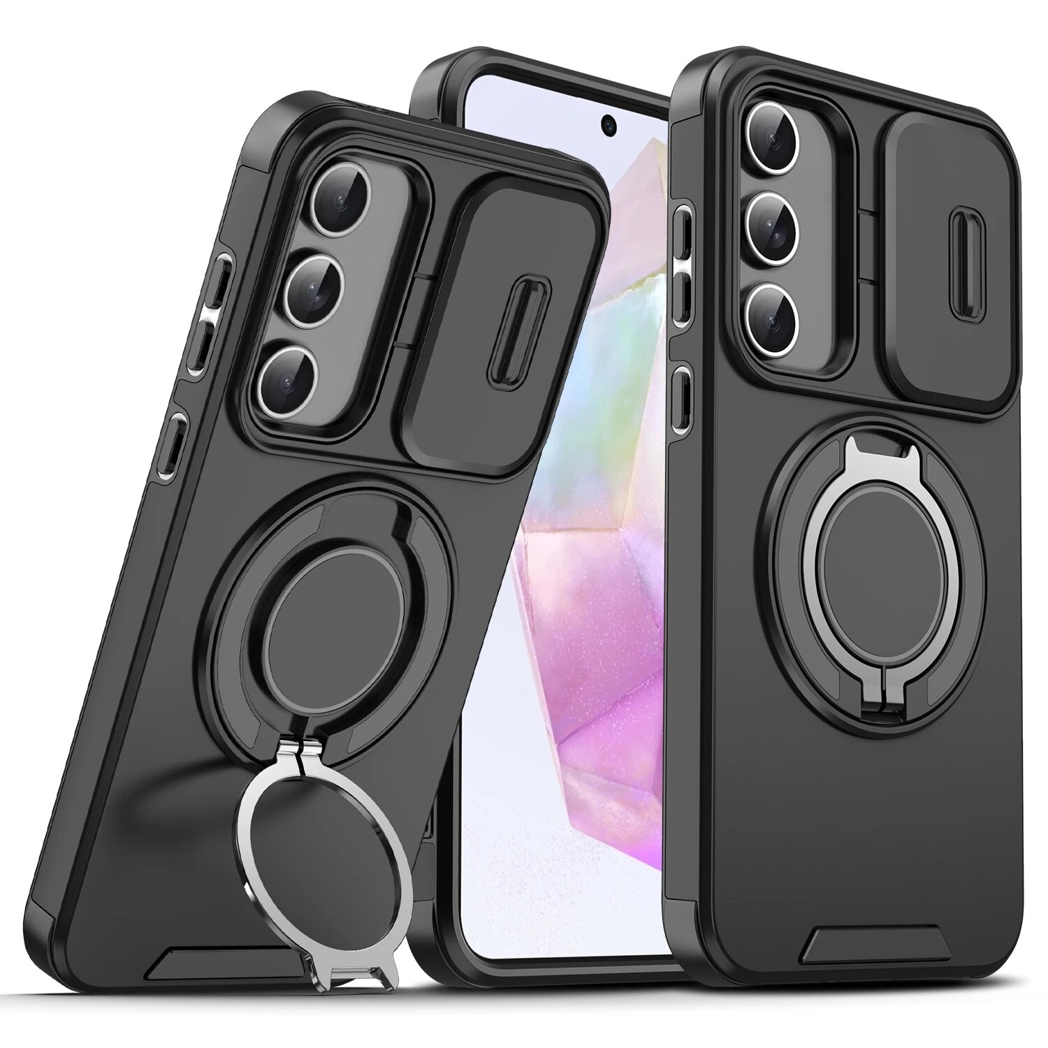 Чехол для Xiaomi Poco M8s черный с кольцом и защитой камеры