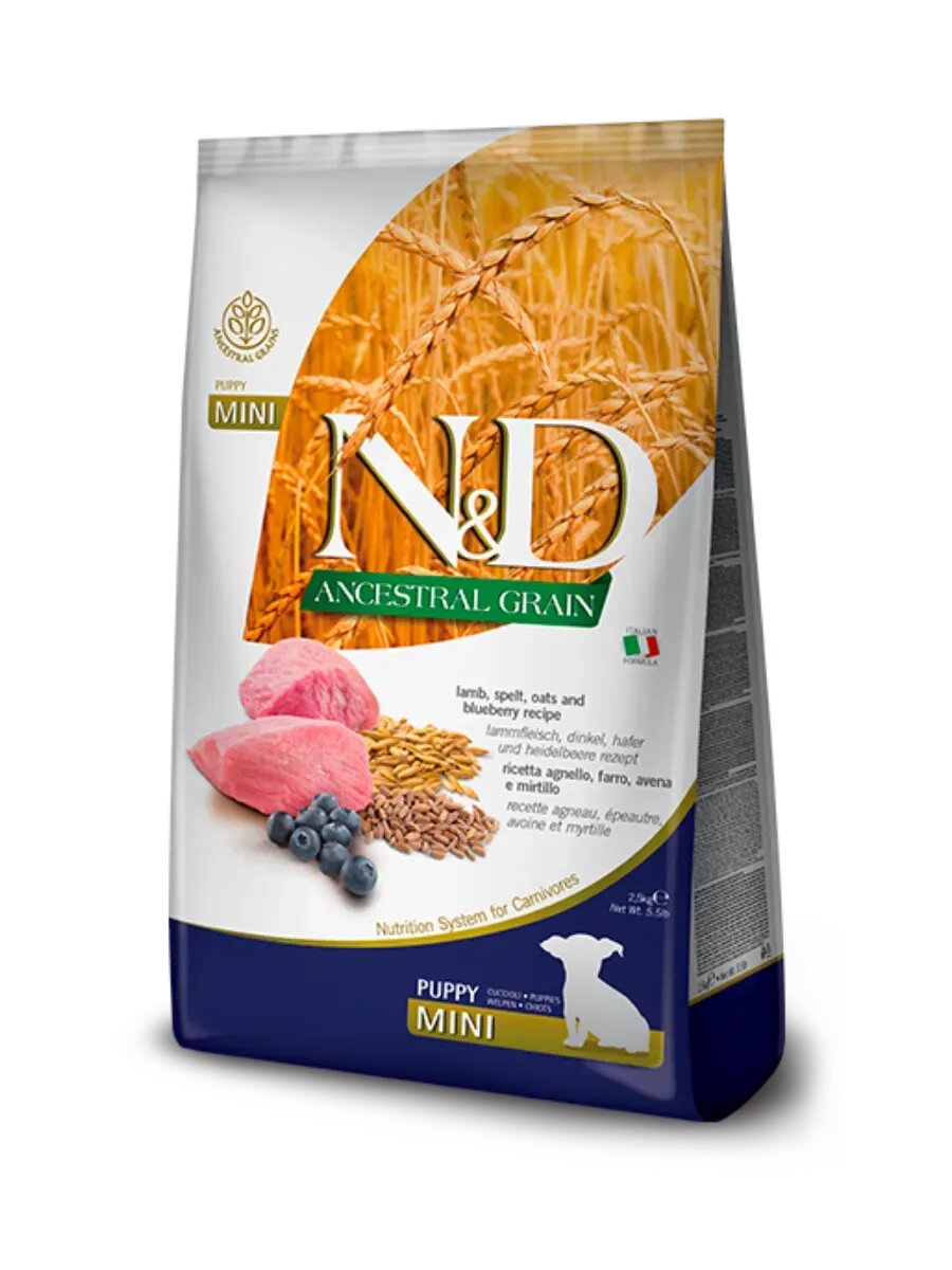 Сухой корм Farmina N&D Ancestral Grain (Фармина) для щенков мелких пород ягненок с черникой, 2,5 кг