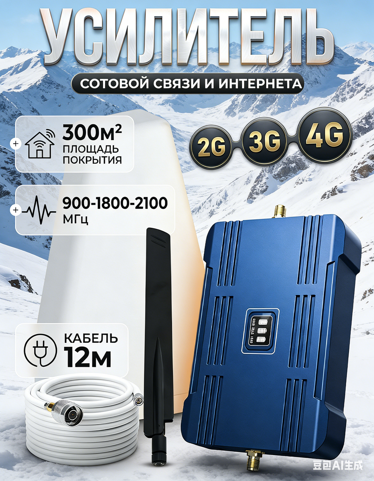 Усилитель сотовой связи 900/1800/2100 МГц (2G/3G/4G): до 70 км, направленный, синий, 1.3 кг