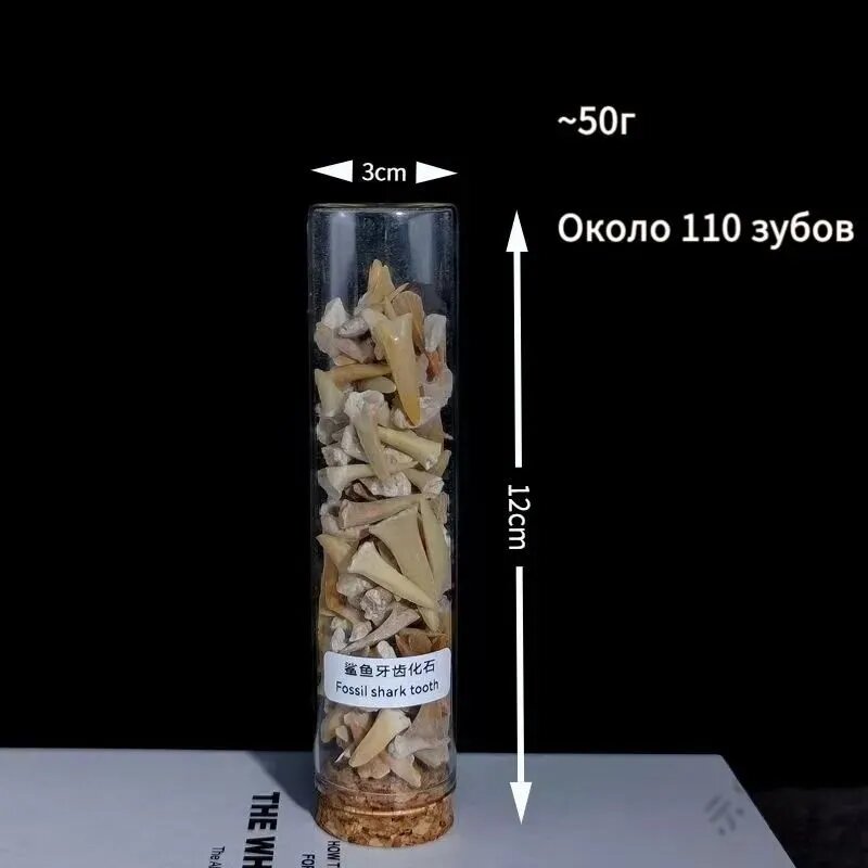 Настоящие окаменелости зубов акулы в стеклянной бутылке, 110 штук ( 50г), палеонтологический образец, коллекцио