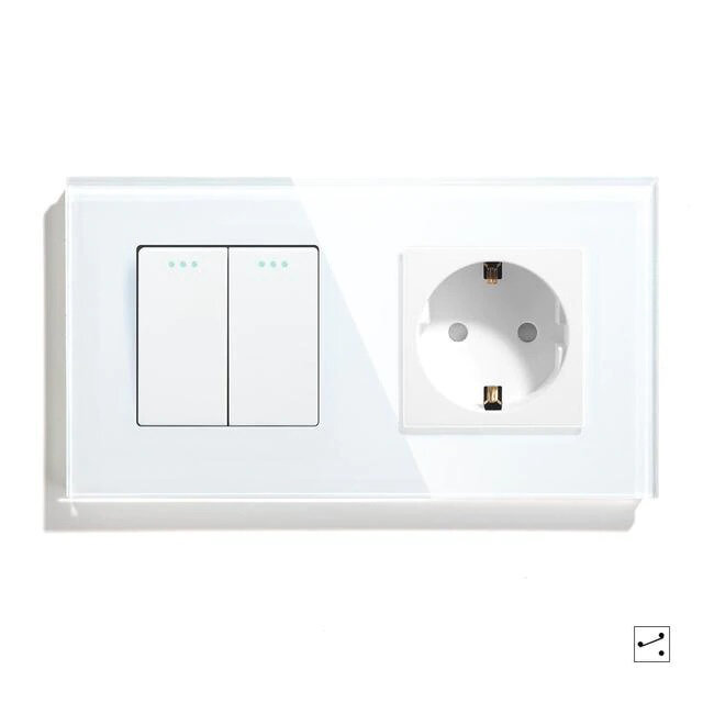 Выключатель с розеткой, 2 клавиши 1 розетка, 2 поста (М2+1F) рамка стекло 157х86мм цвет белый