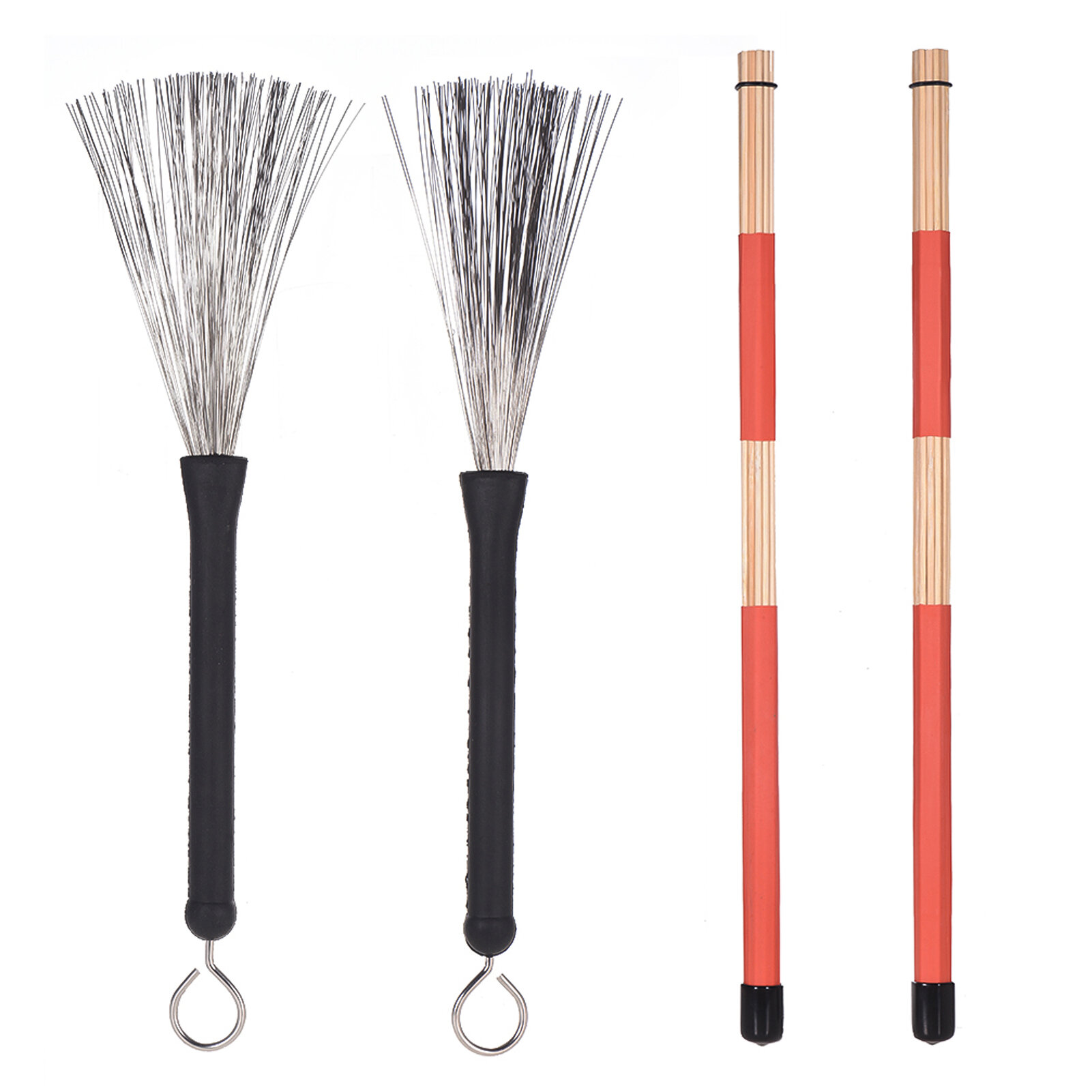 1 Пара Палочек для Барабанов Rods + 1 Пара Щеток для Барабанов Drum Brush Set с сумкой для хранения для Джазовой Народной Музыки, Деревянные Палочки с резиниевой ручкой, Длина 40см, Диаметр 1.5см, Вес 96г, Щетки с резиниевой ручкой и металлом, Длина
