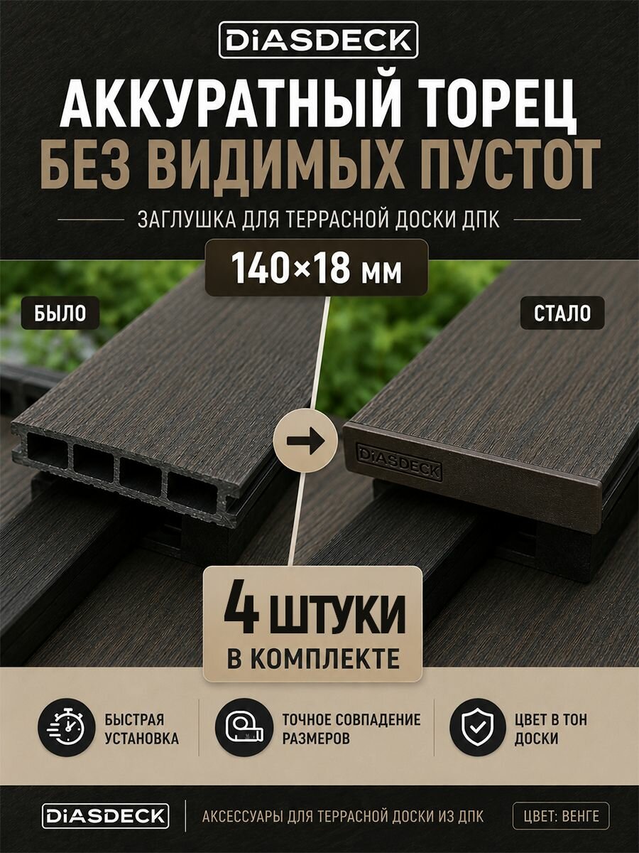 Заглушки DIASDECK, для террасных досок, 140x18 мм, комплект 4 штуки, коричневые