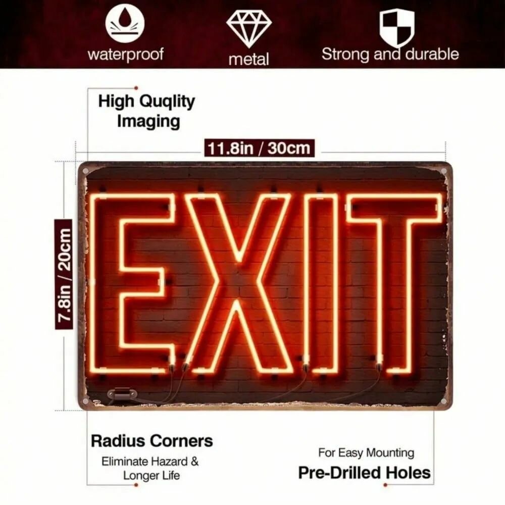 Металлическая плакатка, винтажный неоновый стиль, знак "EXIT", для украшения бара, 20x30cm