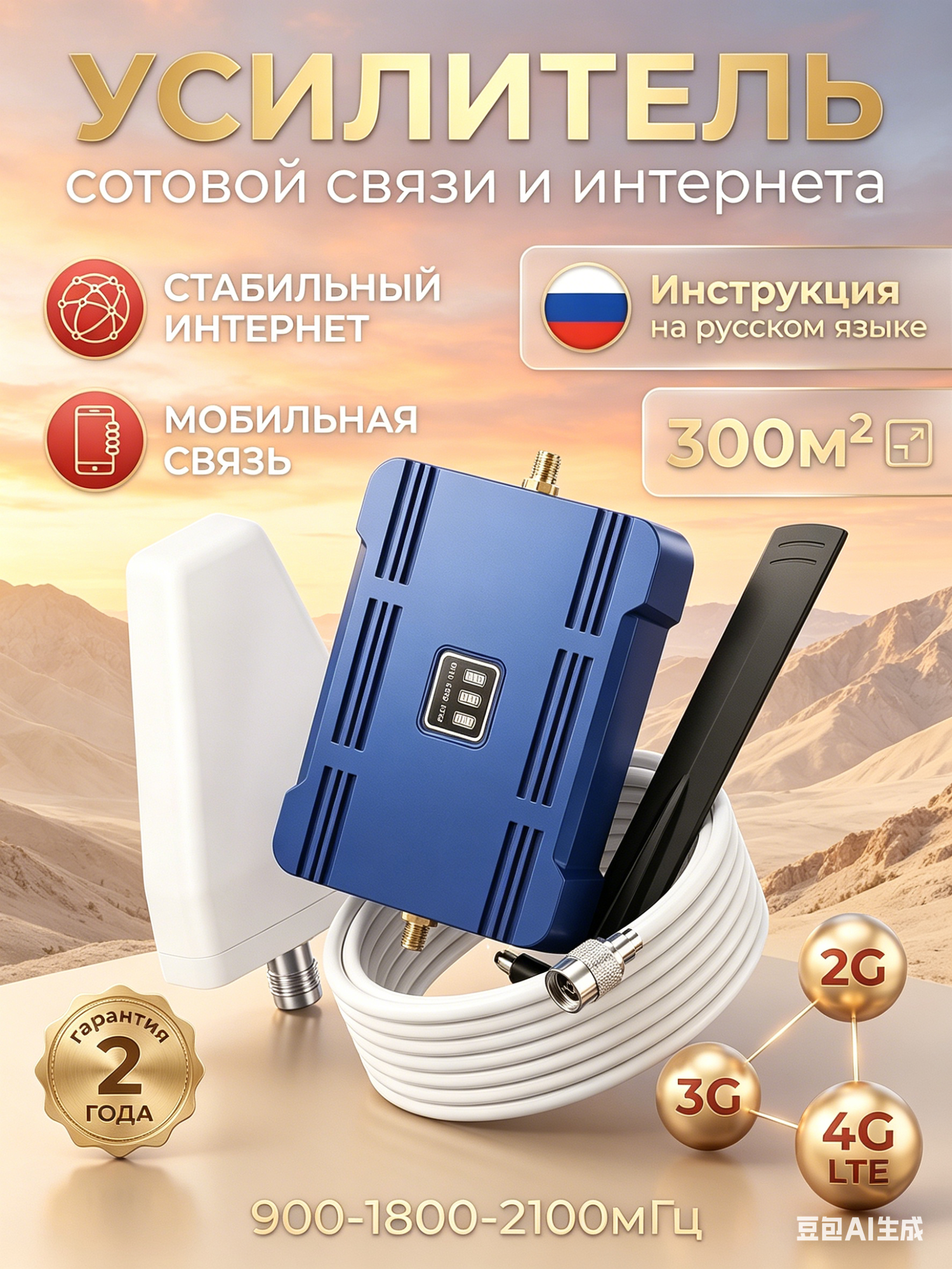 Усилитель сотовой связи 900/1800/2100 МГц (2G/3G/4G): до 70 км, направленный, синий, 1.3 кг